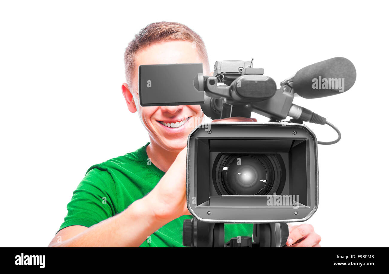 Video camera operator isolated on white background Stock Photo - Alamy
