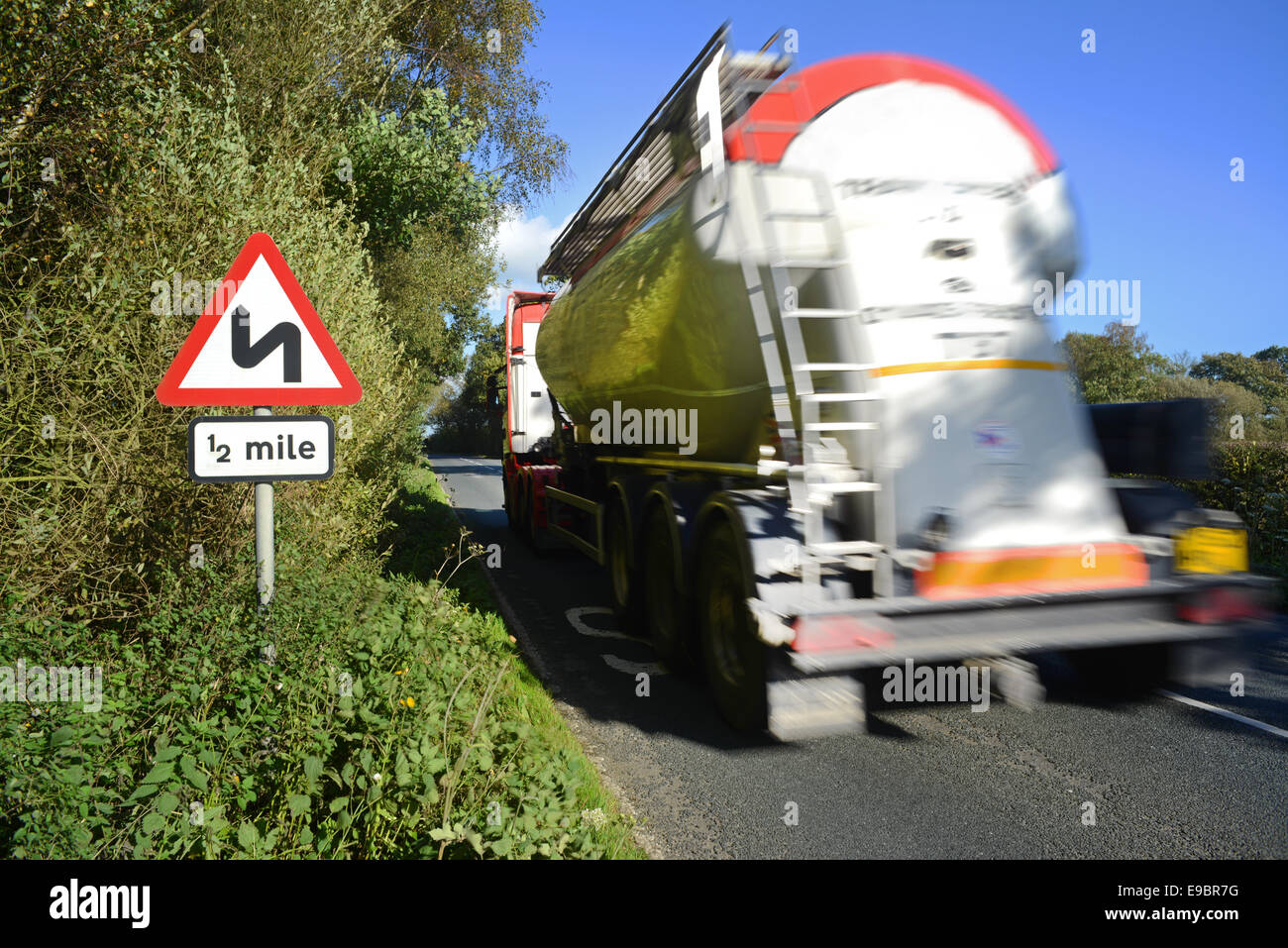 lorry passing sharp bend warning sign for half a mile ahead yorkshire ...