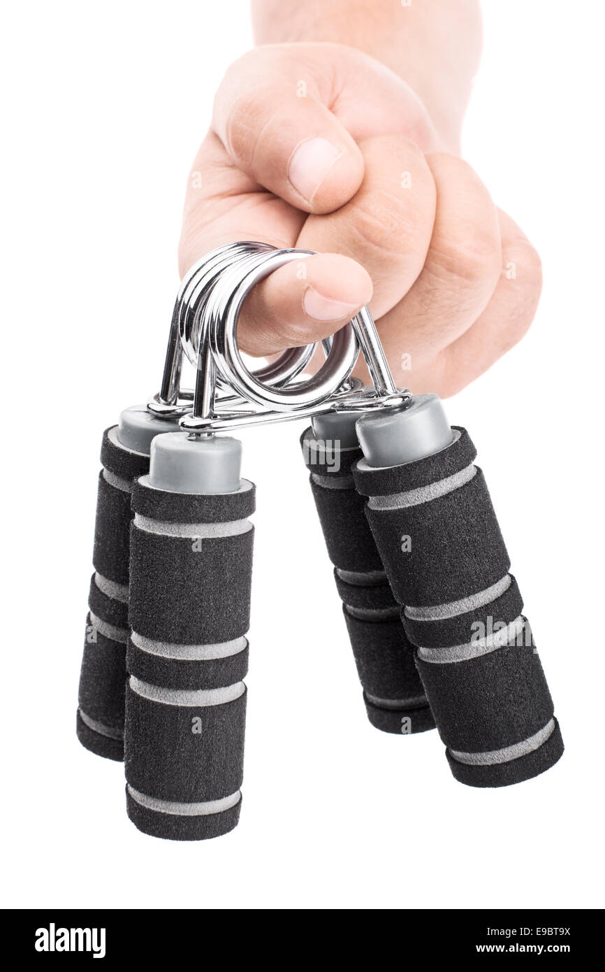 Close-up shot of male hand handing out hand grips, isolated on white ...