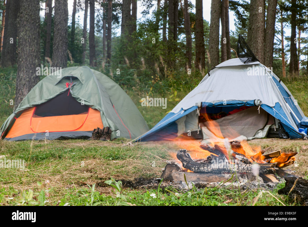 Two tents in forest. Fire on foreground Stock Photo - Alamy