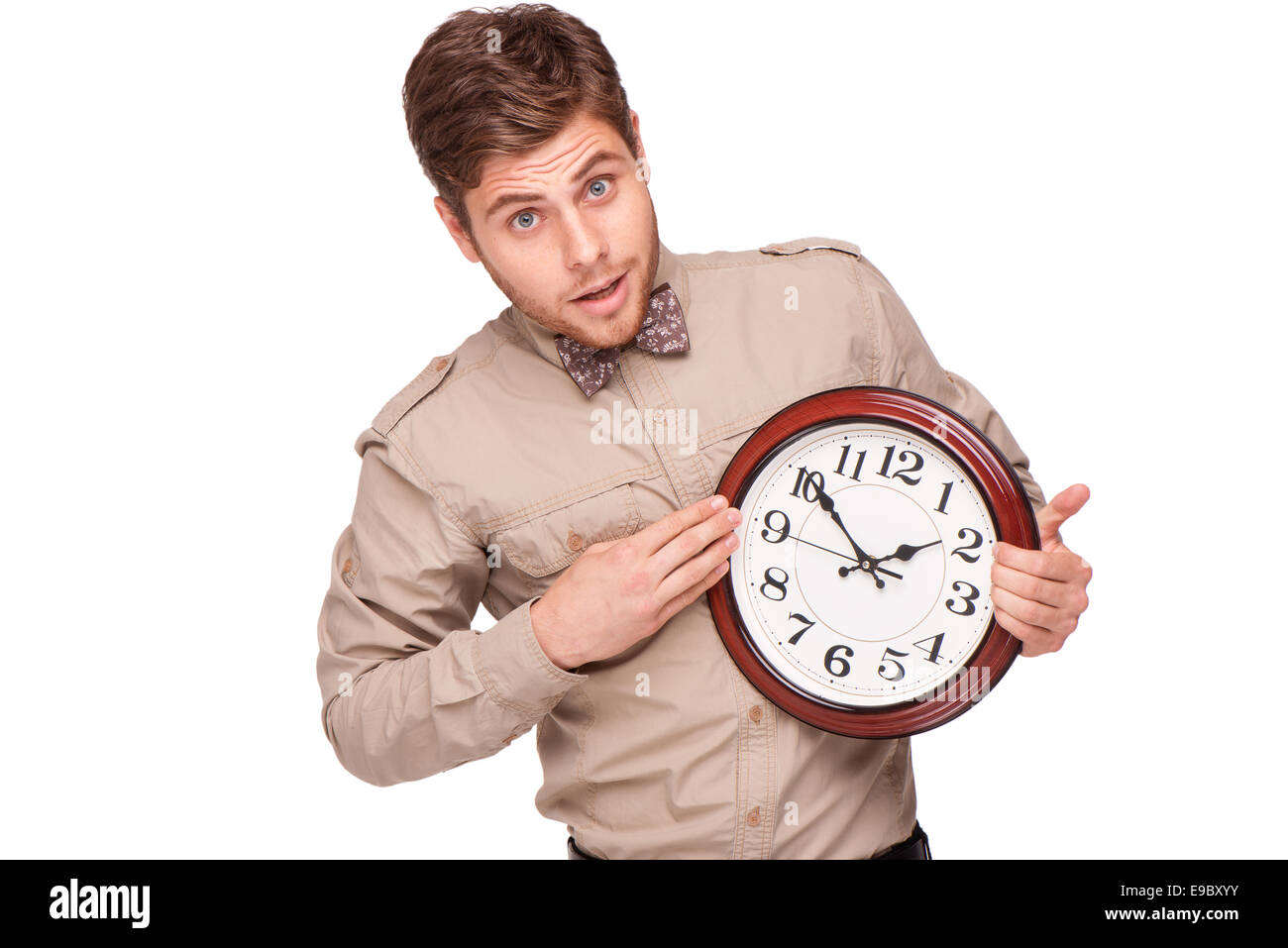 Concept for lateness, man with clock Stock Photo - Alamy