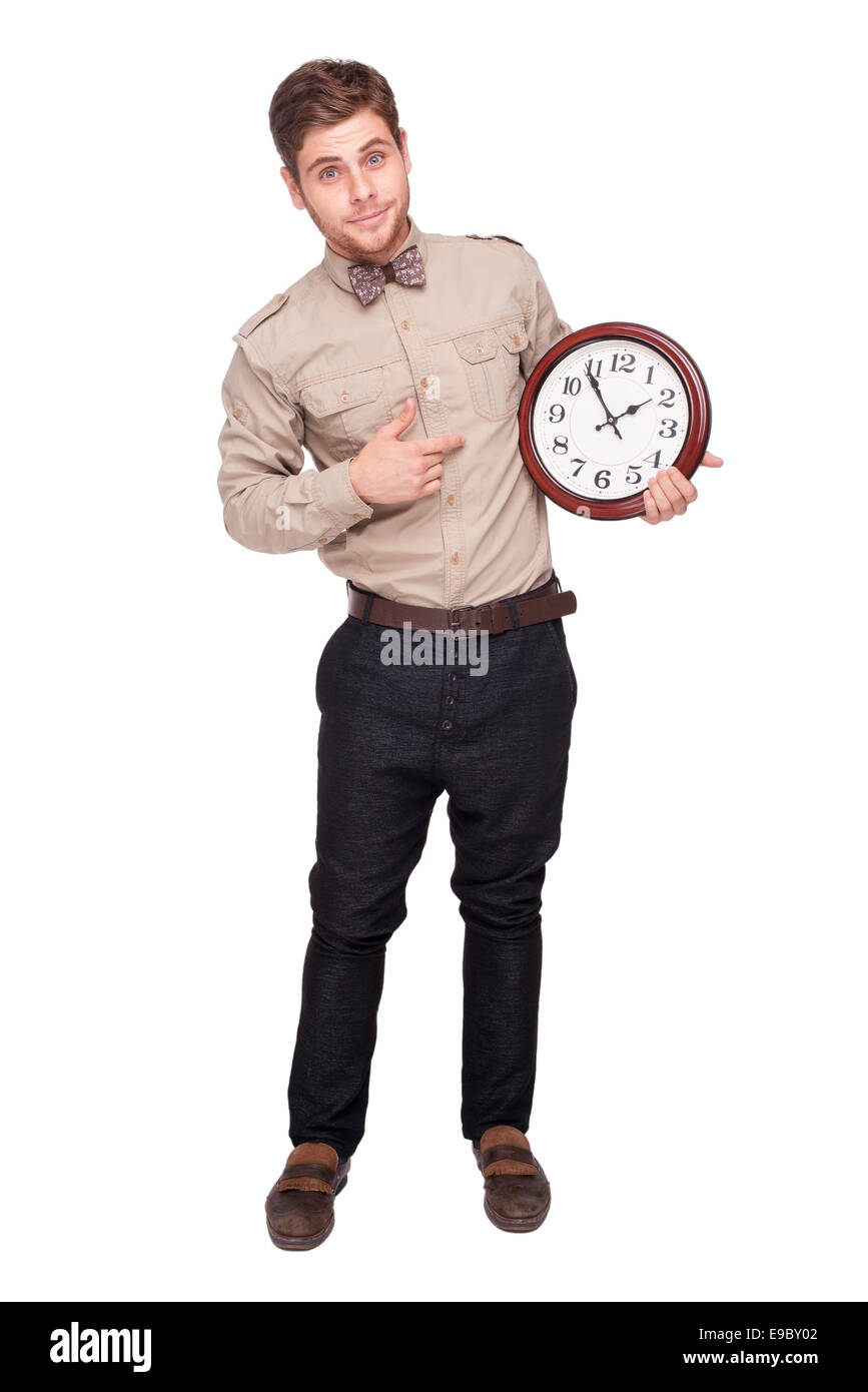 Concept for lateness, man with clock Stock Photo - Alamy
