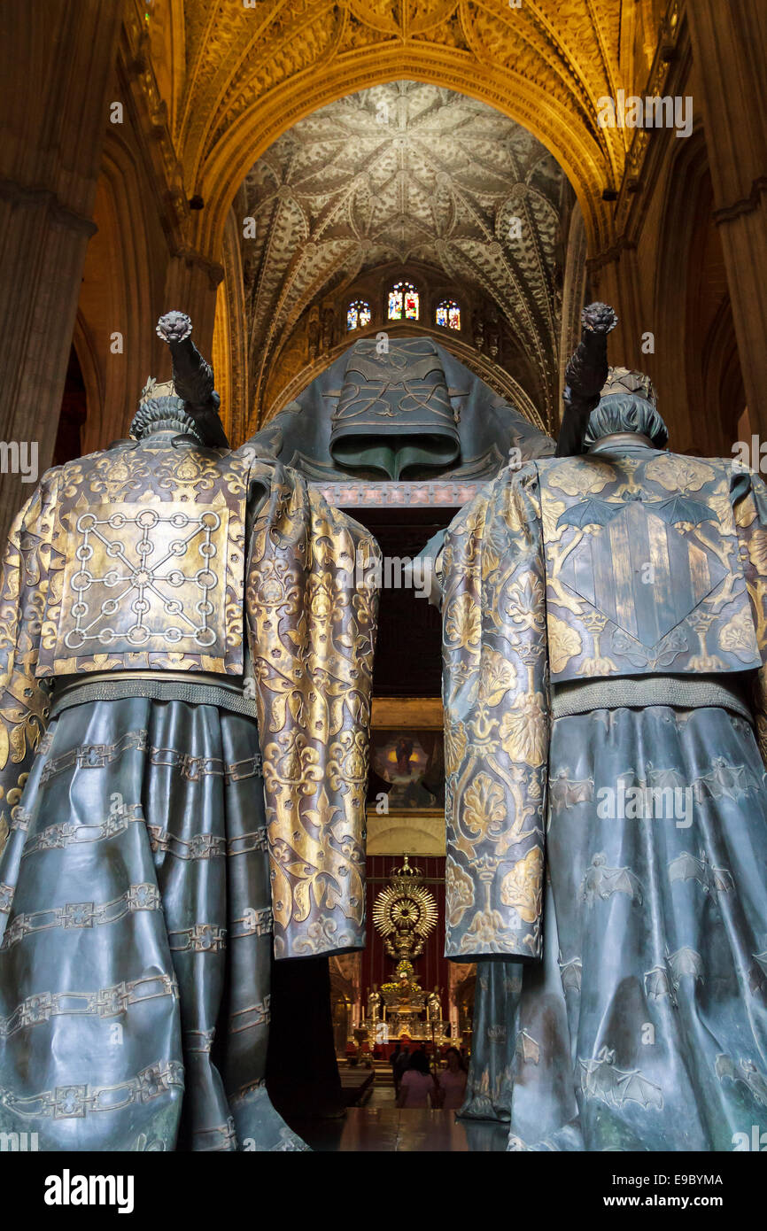 SEVILLE, SPAIN-MAY 8, 2013 Tomb of Christopher Columbus, heralds crypt ...