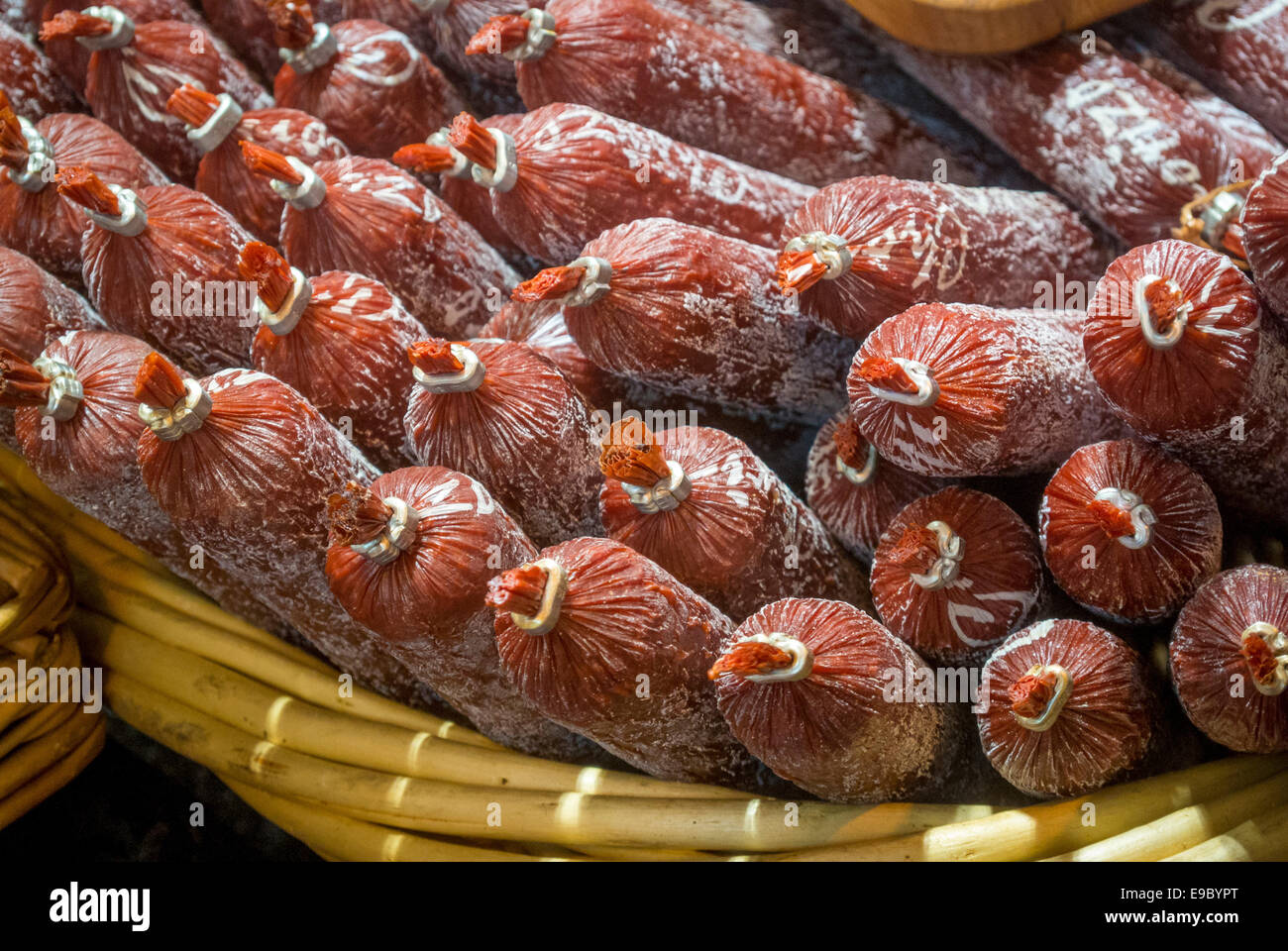 Chorizo sausage on display at an outdoor market Stock Photo - Alamy