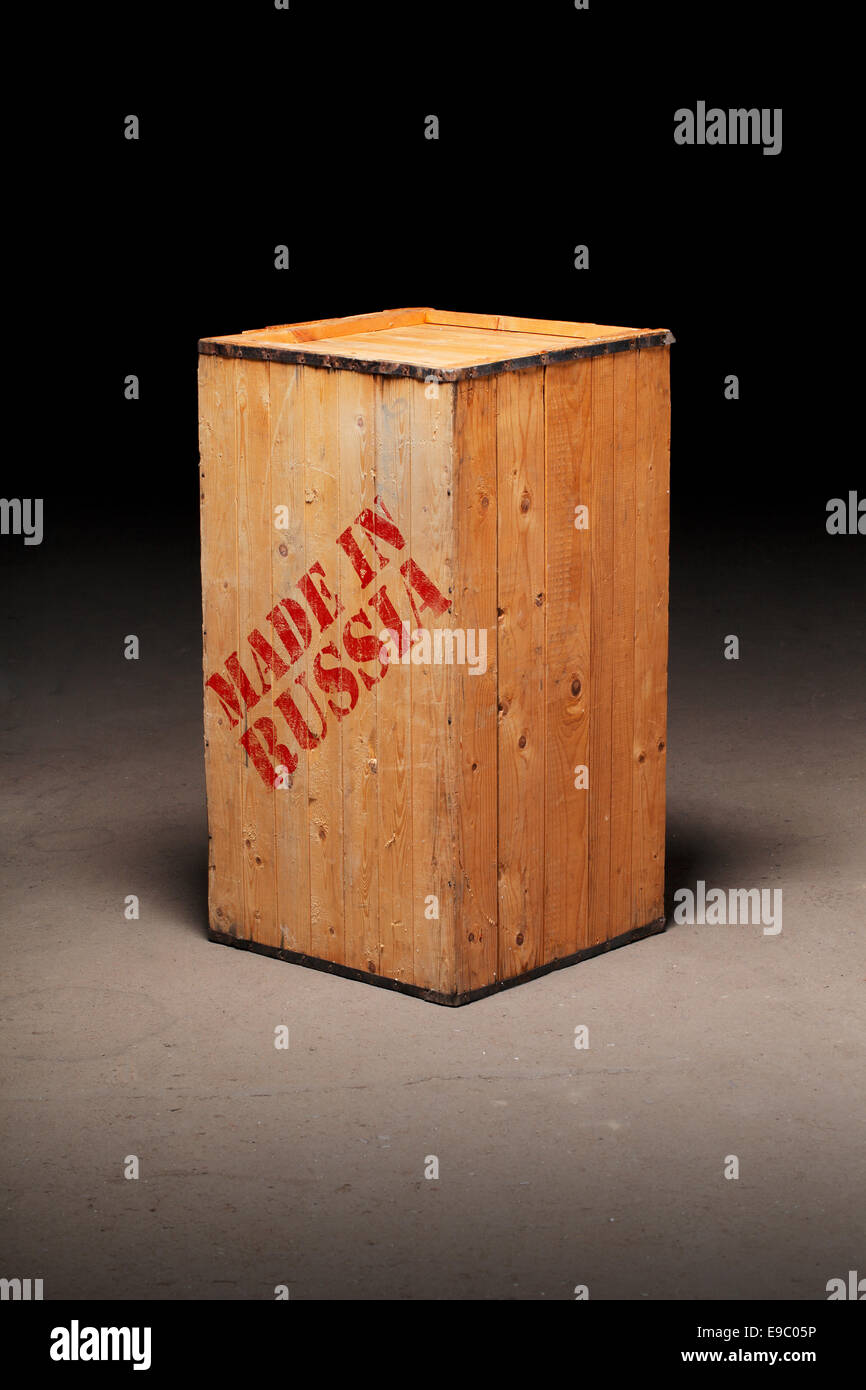 Conceptual image of a wooden crate with text "Made in Russia Stock ...