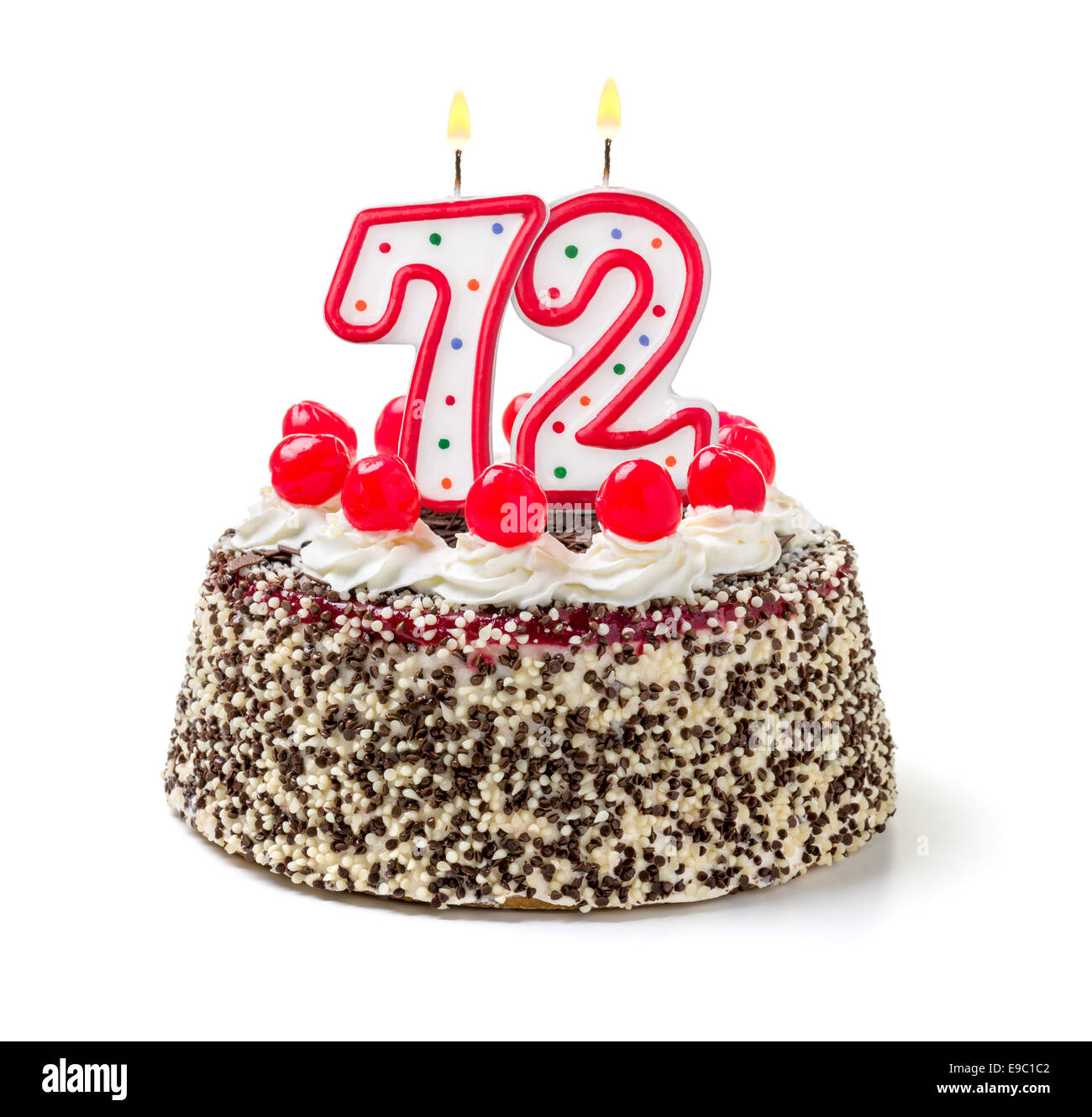 Birthday cake with burning candle number 72 Stock Photo - Alamy