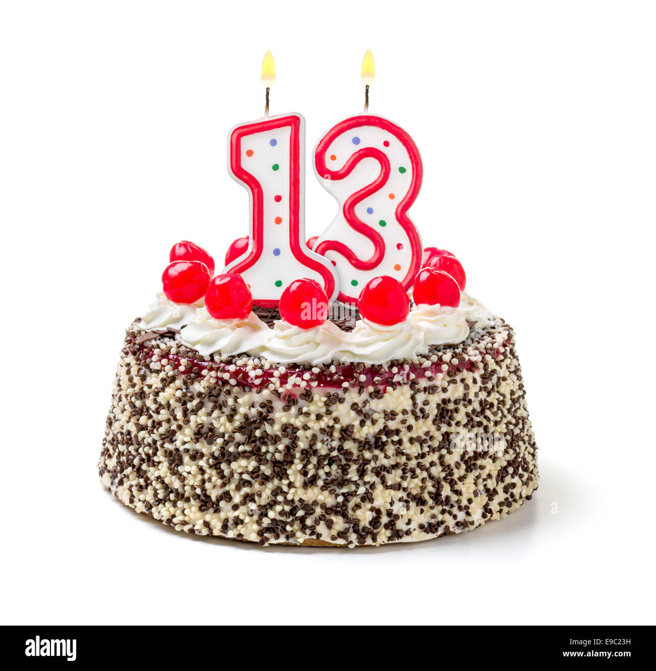 Birthday cake with burning candle number 13 Stock Photo - Alamy