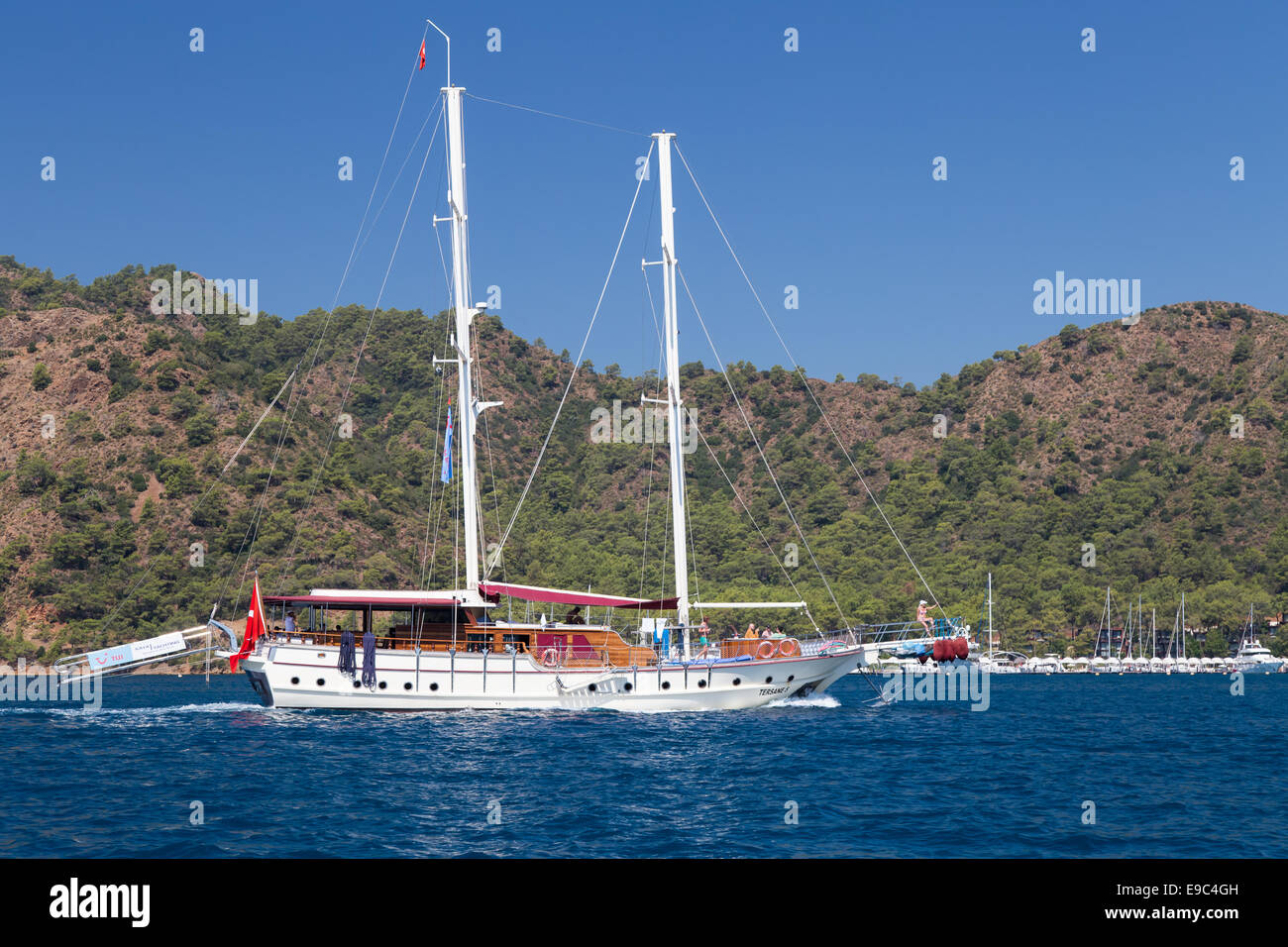 GOCEK, MUGLA, TURKEY - JULY 15, 2014: People in sailboat tour in Aegean ...