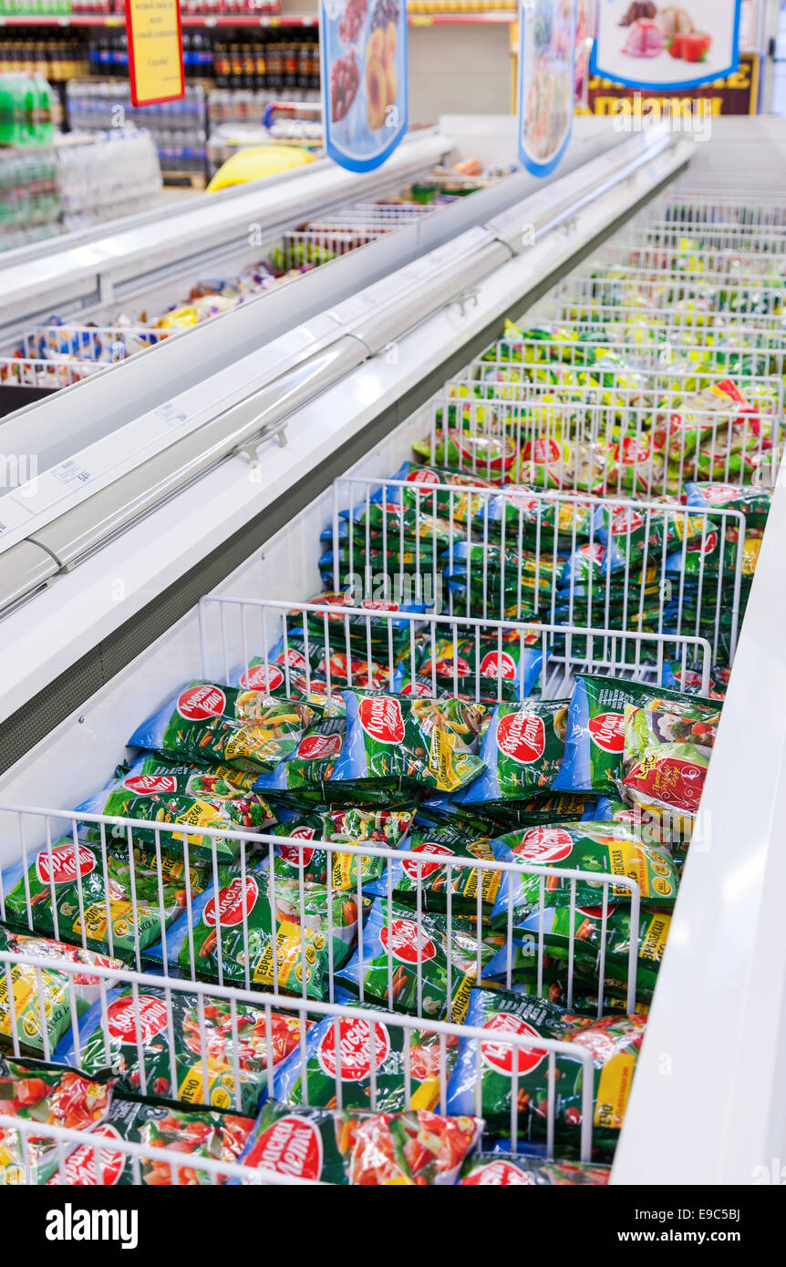 Showcase with frozen products in supermarket Magnit. Russia's largest ...