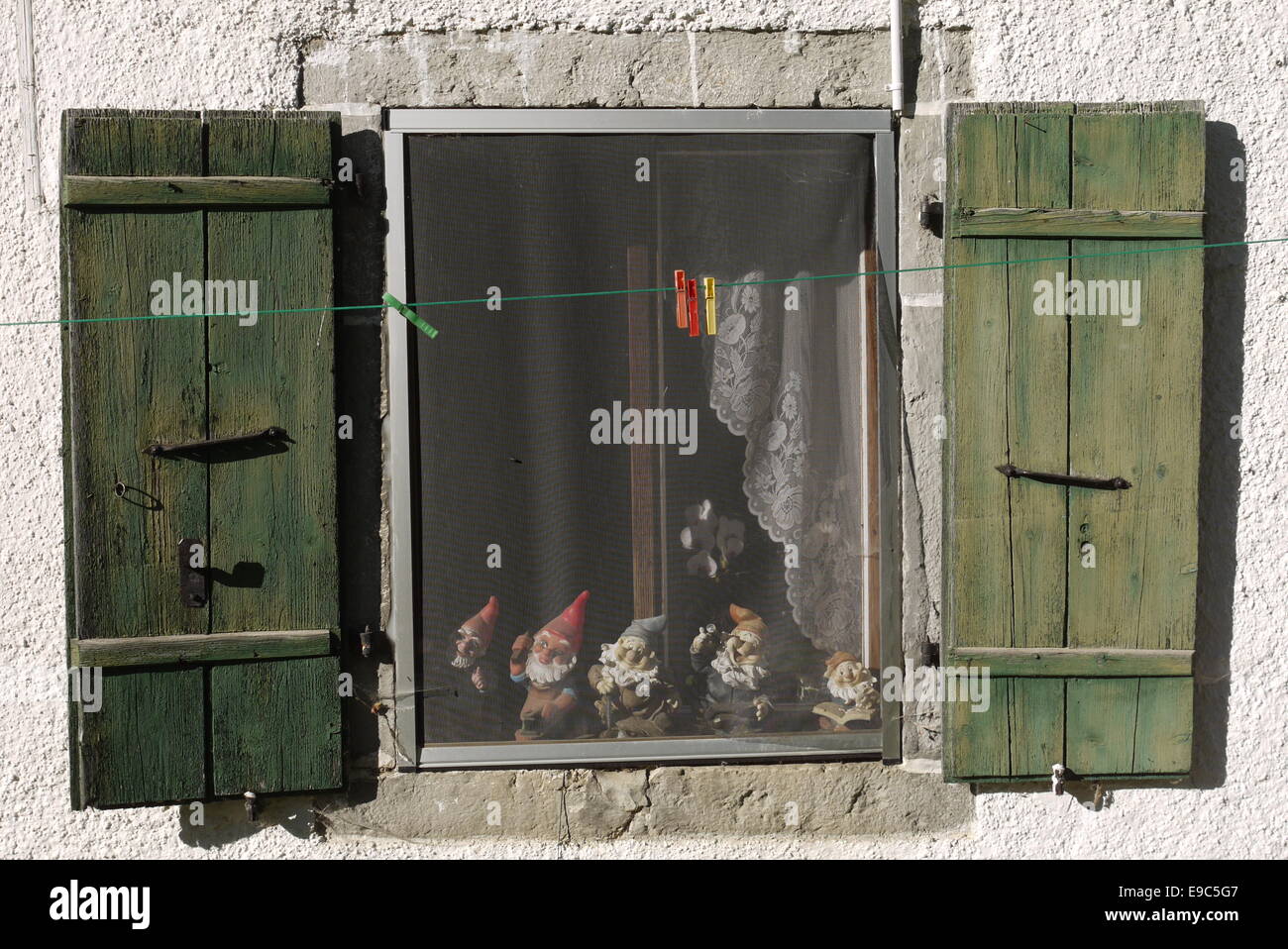 Garden Lawn Gnome in Window of Farm Farmhouse green Folding shutter ...