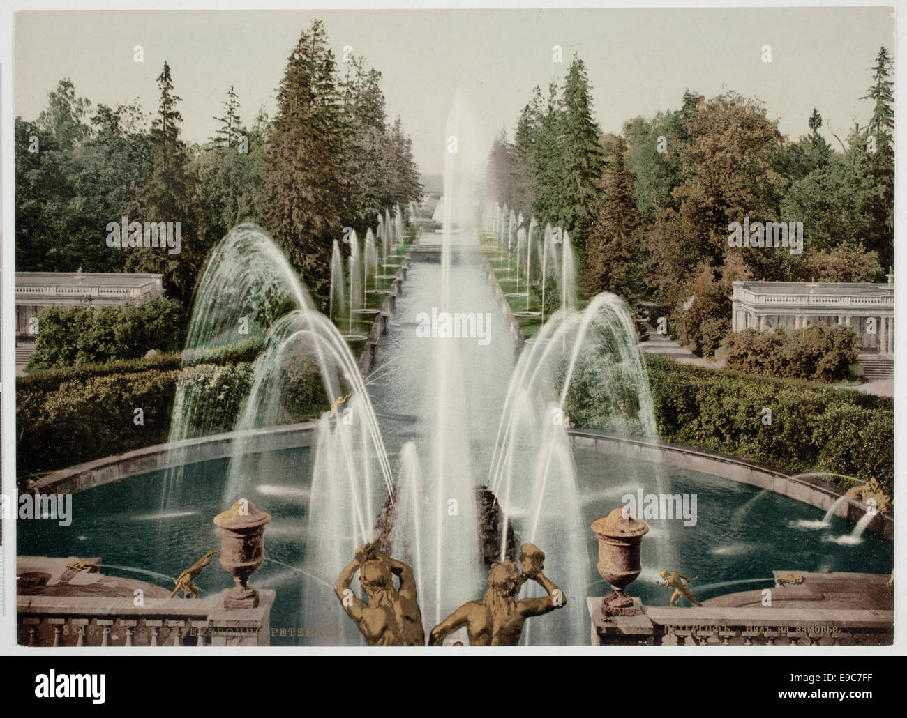 This photograph shows the famous Peterhof Palace in St. Petersburg ...