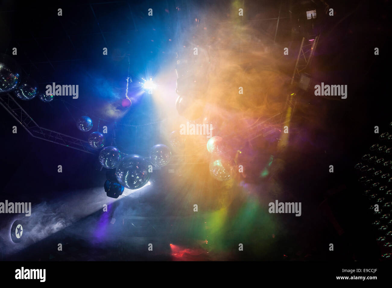 Disco light show, Stage lights with laser Stock Photo - Alamy