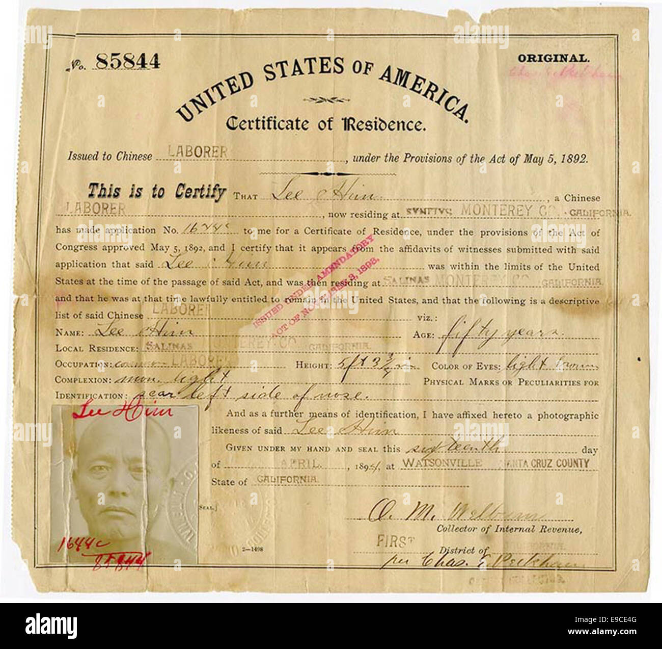 This certificate documents the residence of Lee Hin, a 50-year-old ...