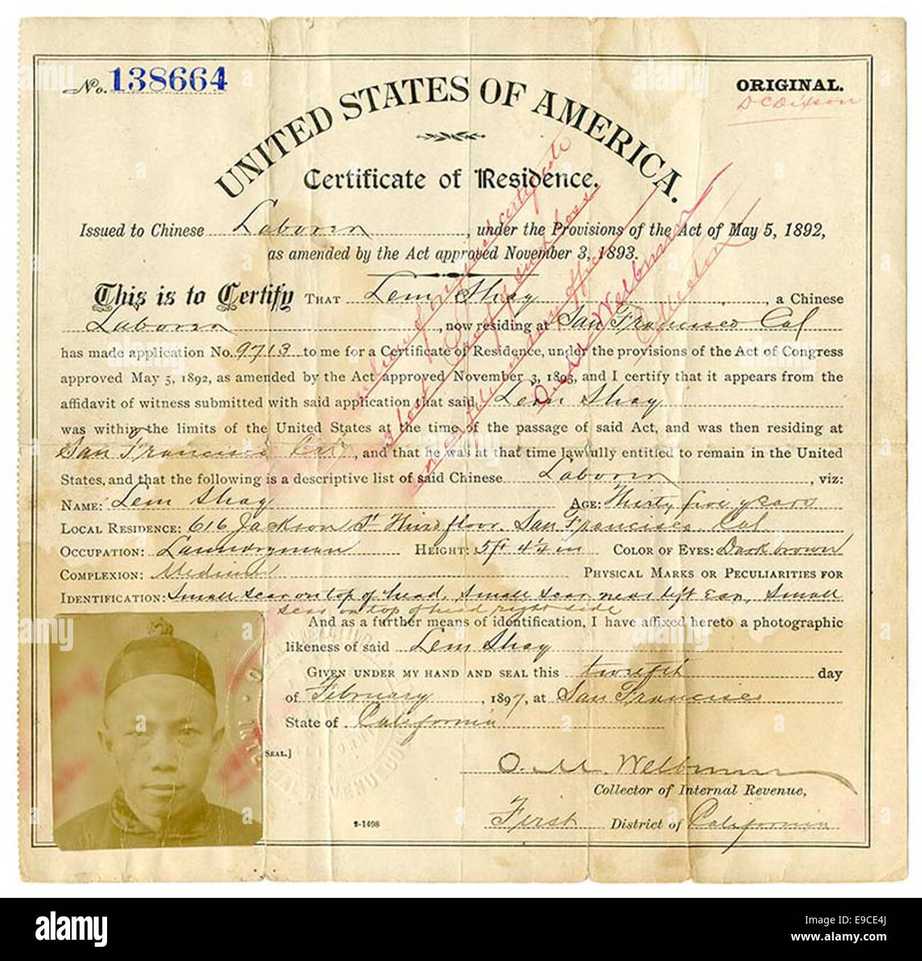 This historical document is a certificate of residence for Lem Shay, a ...