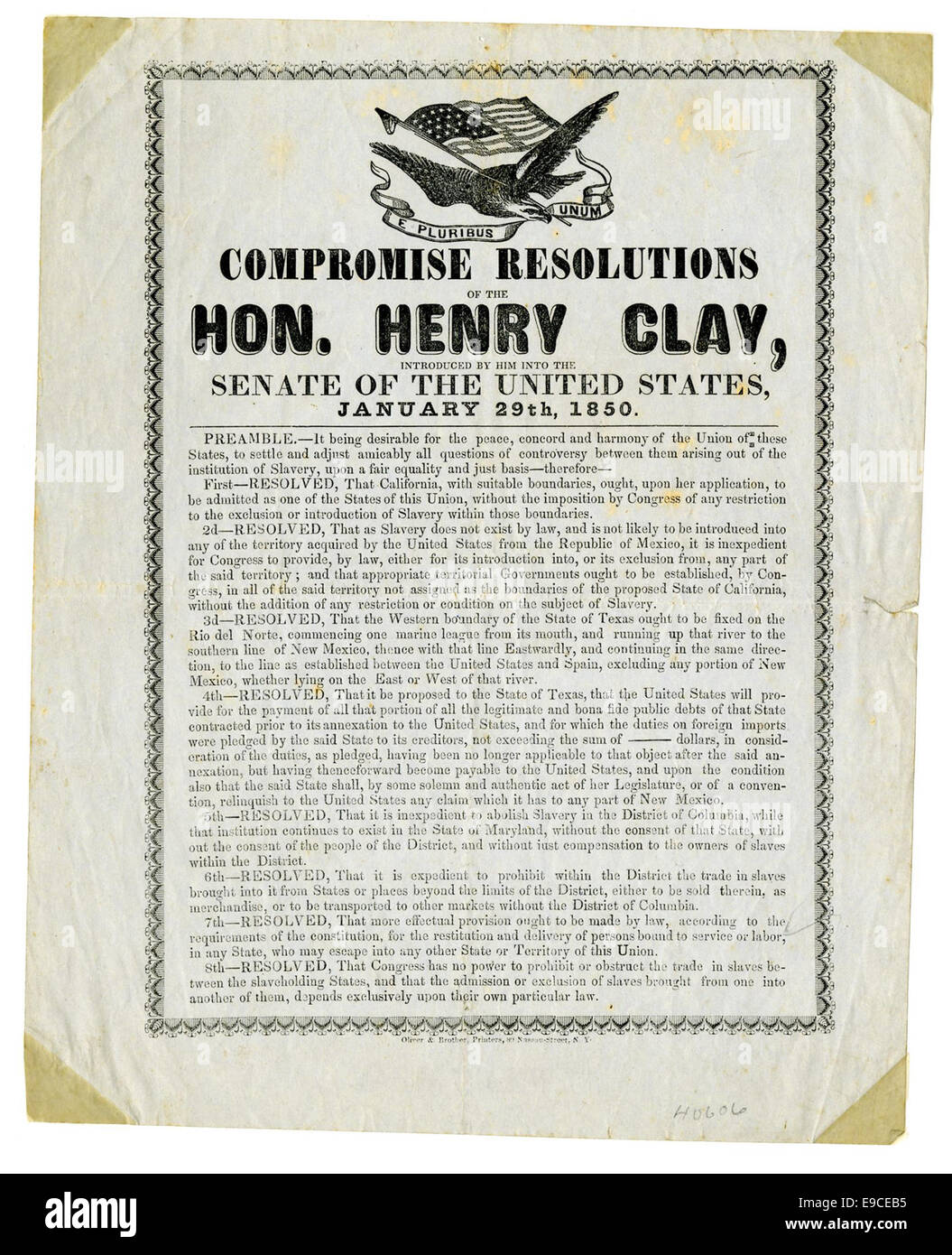 A photograph of the compromise resolutions presented by Henry Clay to ...