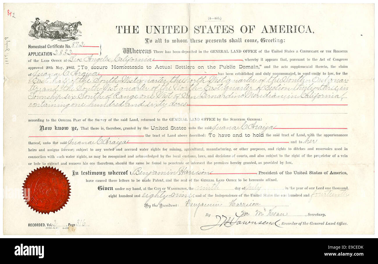 This image features the homestead certificate (No. 872) granted to ...