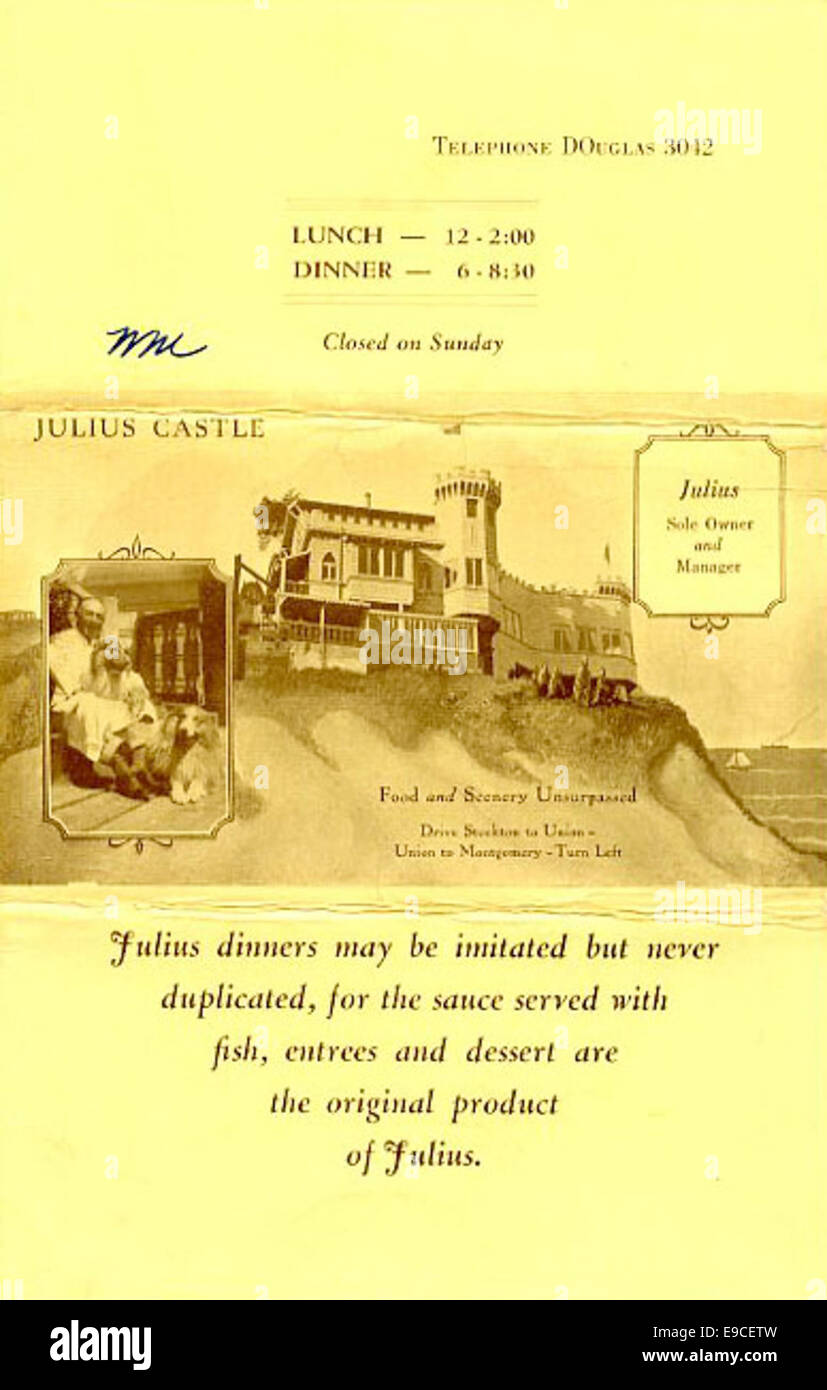 This image features the menu from Julius' Castle, a historic restaurant ...