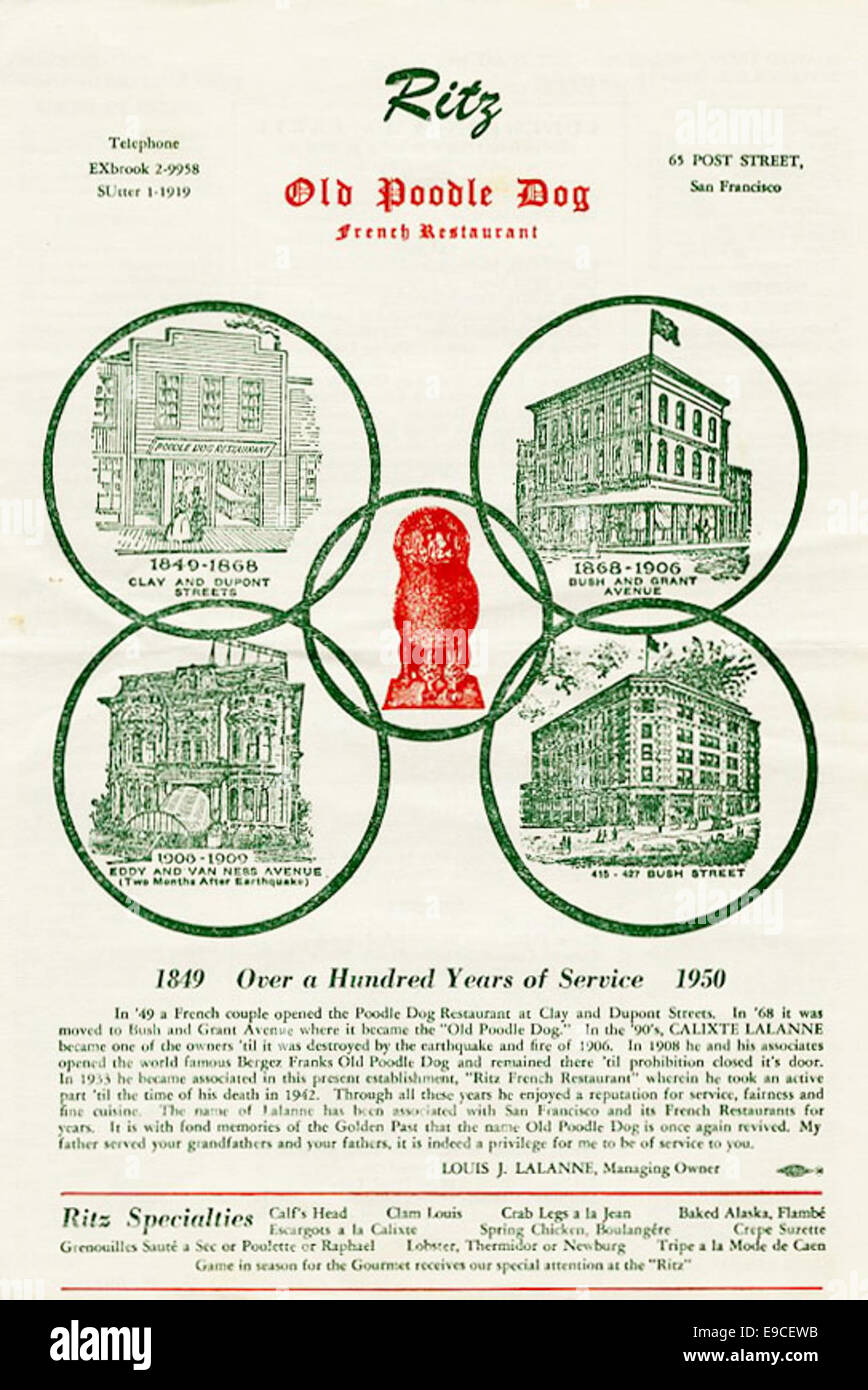 This image shows the menu cover from the Ritz Old Poodle Dog, a ...