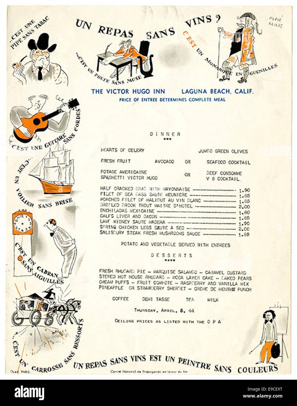 A menu from The Victor Hugo Inn, located in Laguna Beach. This historic ...