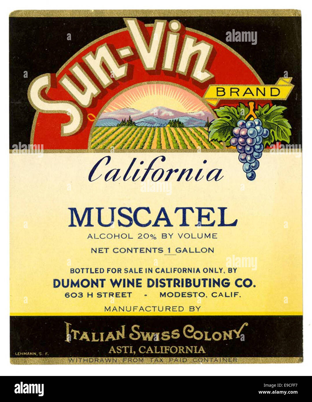 Label from the Italian Swiss Colony wine brand, featuring Sun-Vin ...