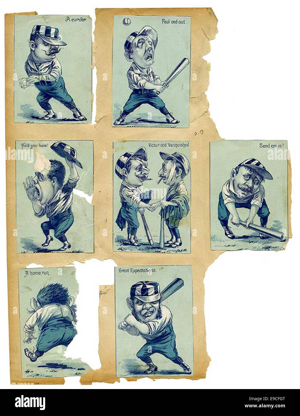 This image features a series of baseball-themed cartoon illustrations ...