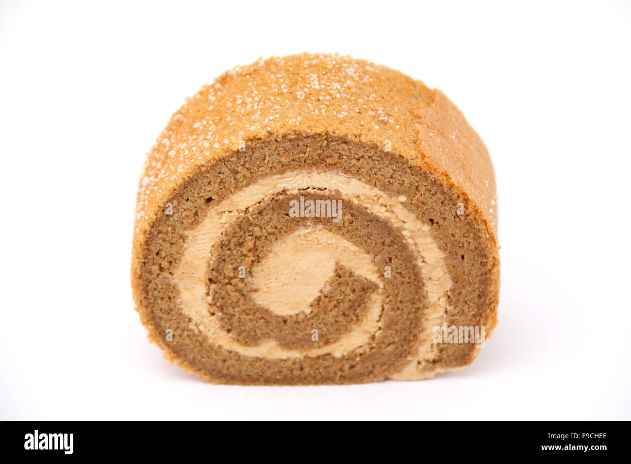 A coffee Swiss Roll Cake white background Stock Photo - Alamy