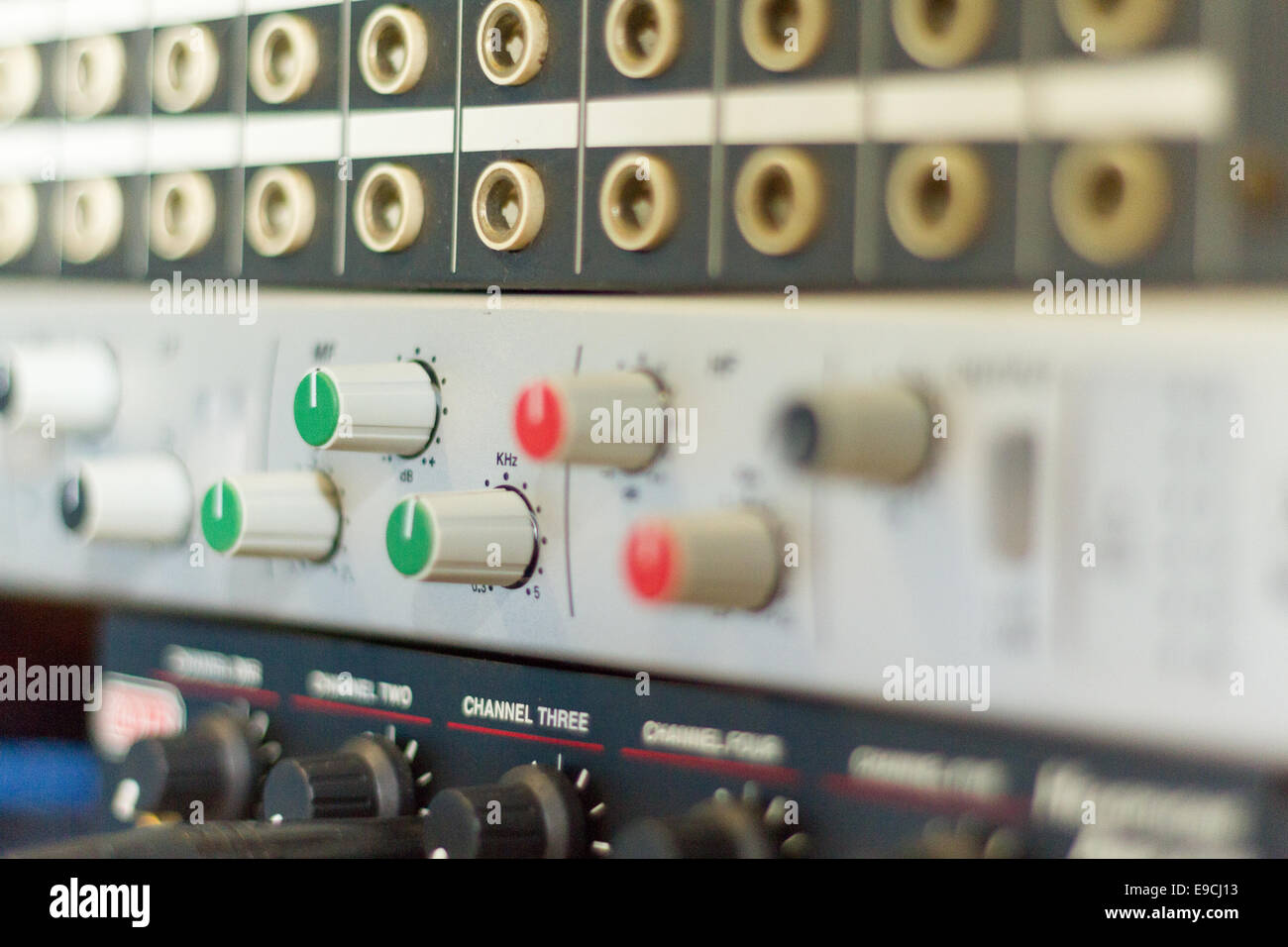 Recoring audio production equipment at a recording studio, close-up ...