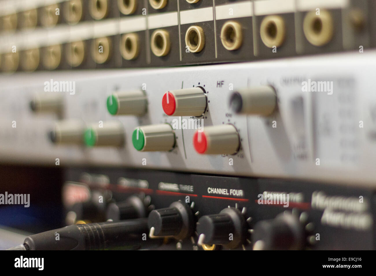 Recoring audio production equipment at a recording studio, close-up ...