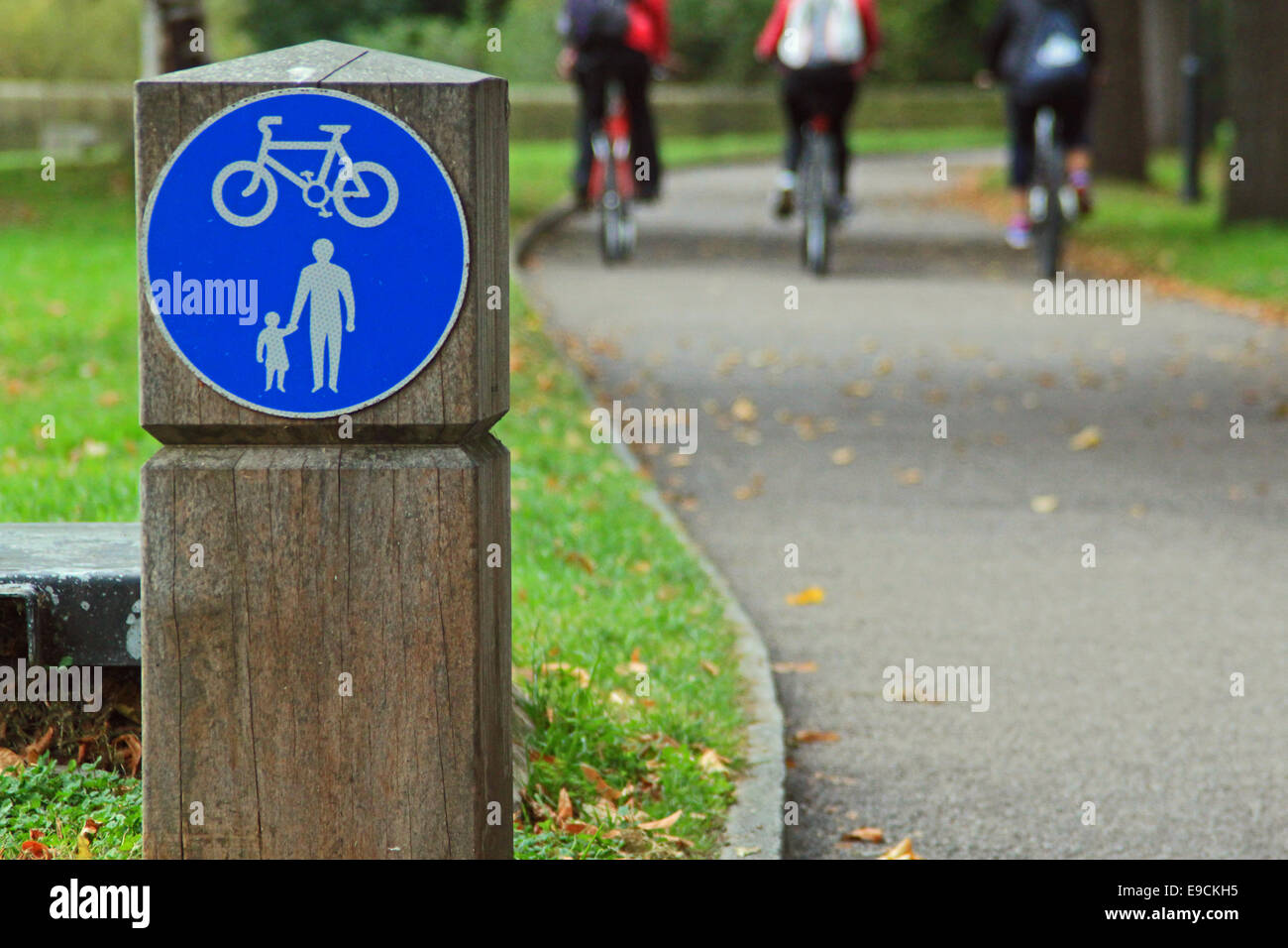 Close-up of the walking/cycling path showing three distant cyclists ...