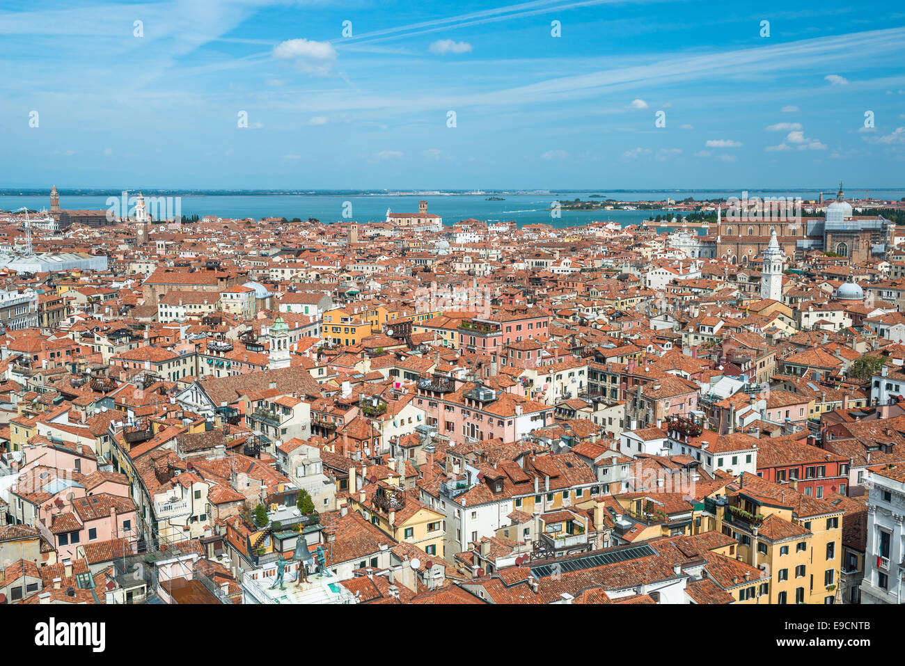 Panoramic aerial view of Venice from St. Mark Campanile bell tower ...