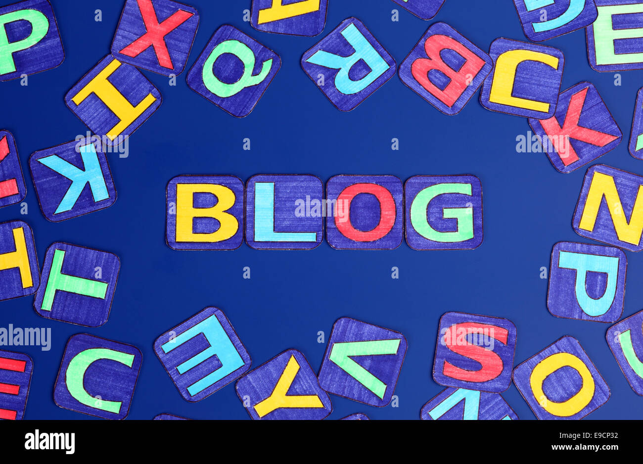 Word "Blog" spell out on blue background with letters. Letters drawn by ...