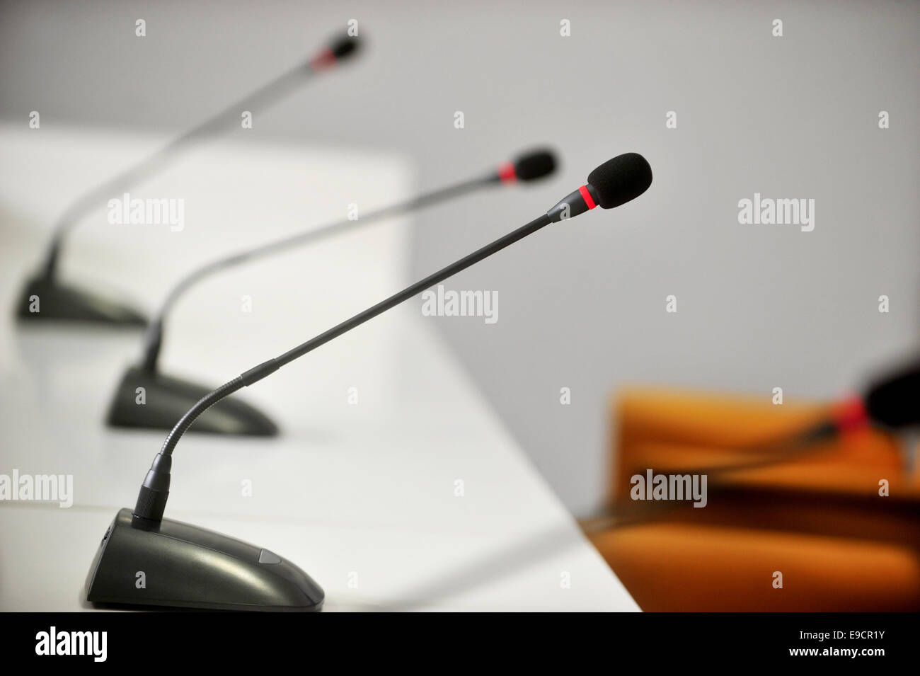 Detail with two press conference microphones Stock Photo - Alamy