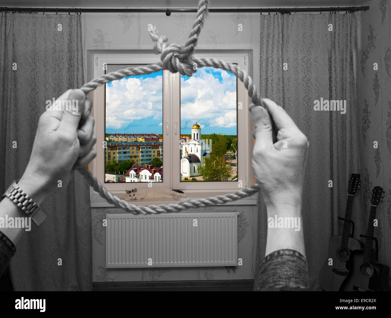 composition male hands holding rope loop at the window Stock Photo - Alamy