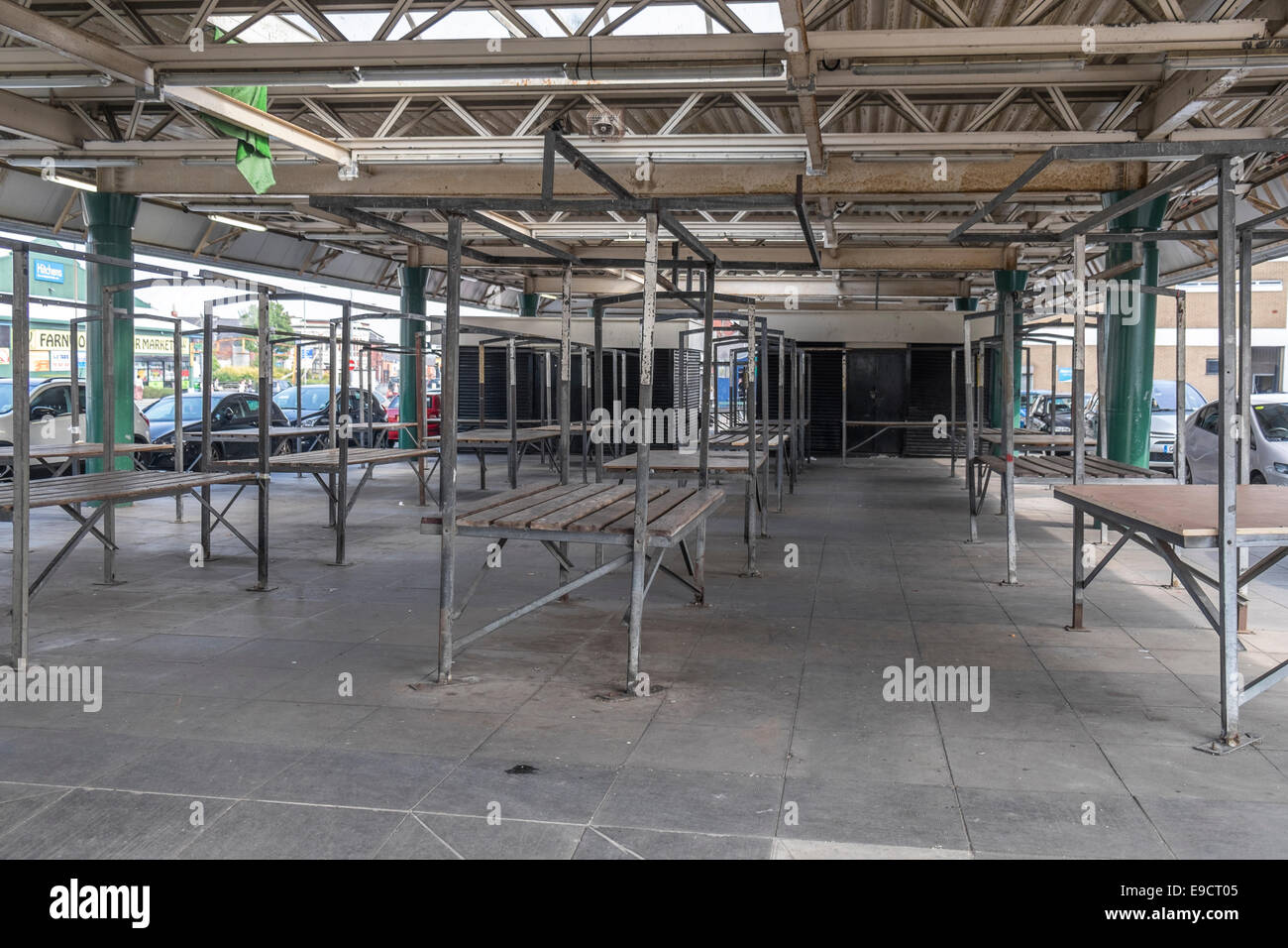 Empty Market stalls in a disused market Stock Photo - Alamy