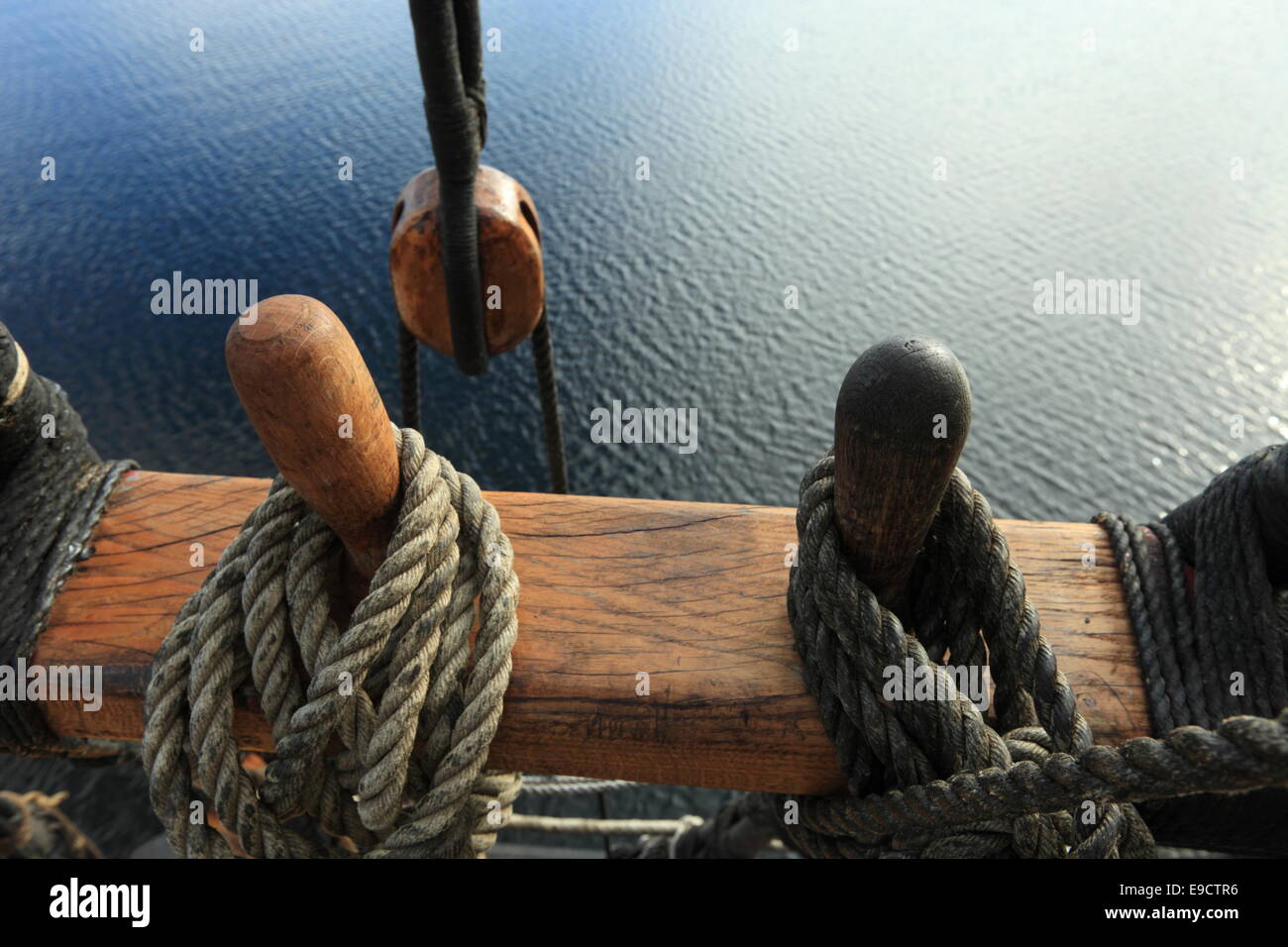 Belaying pins on a tall ship Stock Photo - Alamy