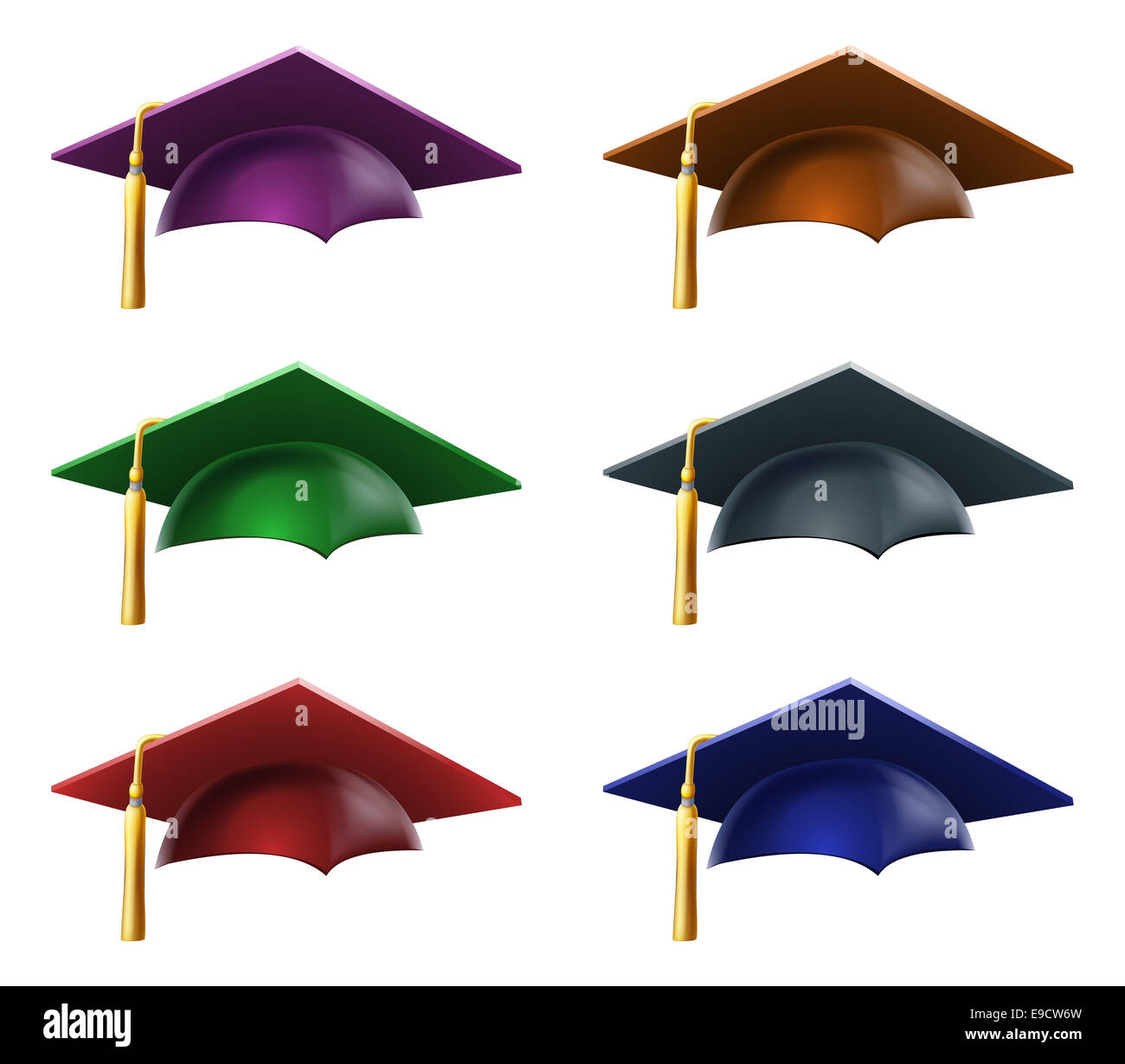 A set of a Graduation or convocation mortarboard hats or caps in ...