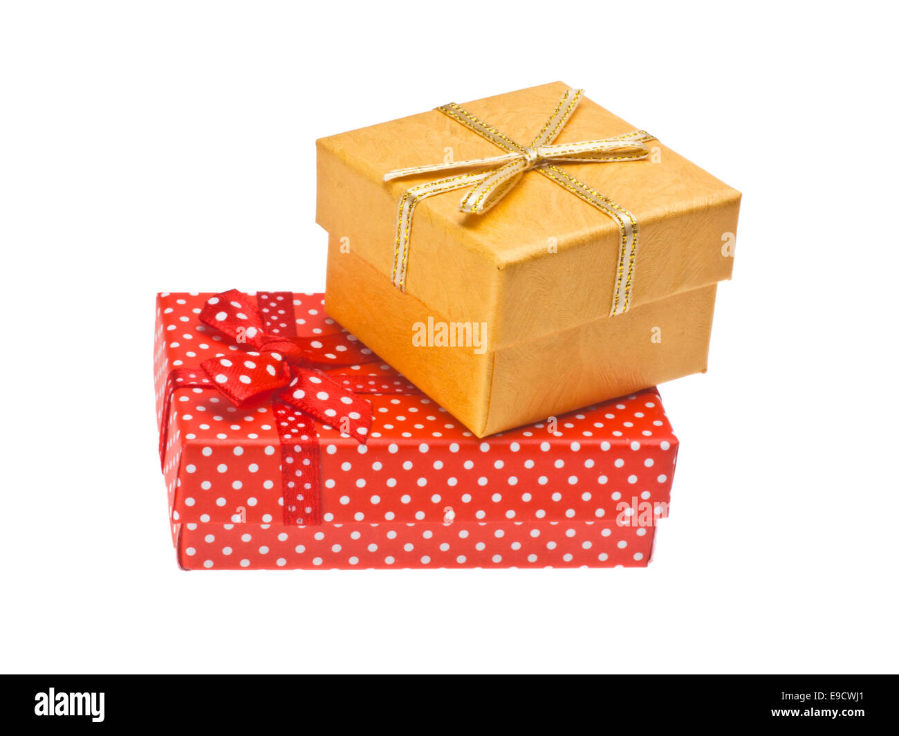 Red and yellow gift boxes with ribbon, isolated on white background ...