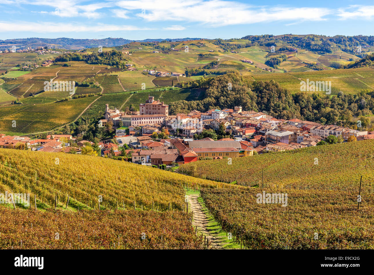 Small town of Barolo among hills and autumnal vineyards in Piedmont ...