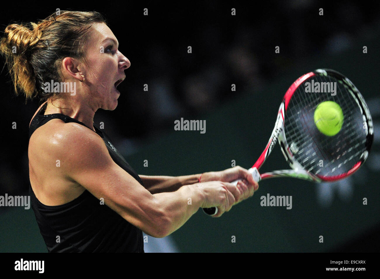 Singapore. 25th Oct, 2014. Romania's Simona Halep hits a return during ...
