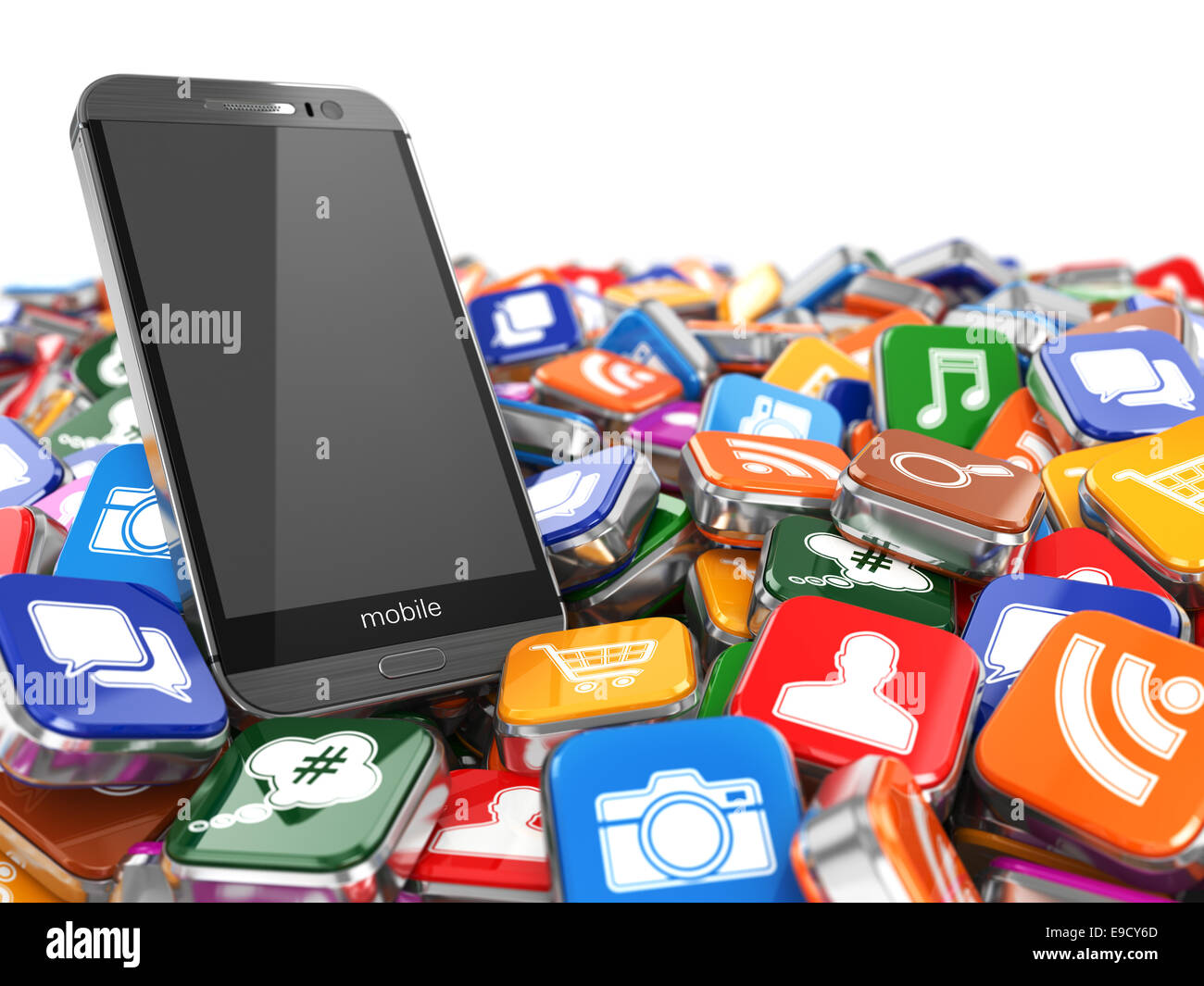 Software. Smartphone or mobile phone app icons background. 3d Stock ...