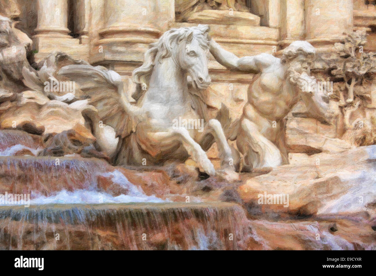 Marble triton and sea horse at the famous Trevi Fountain in Rome, Italy ...