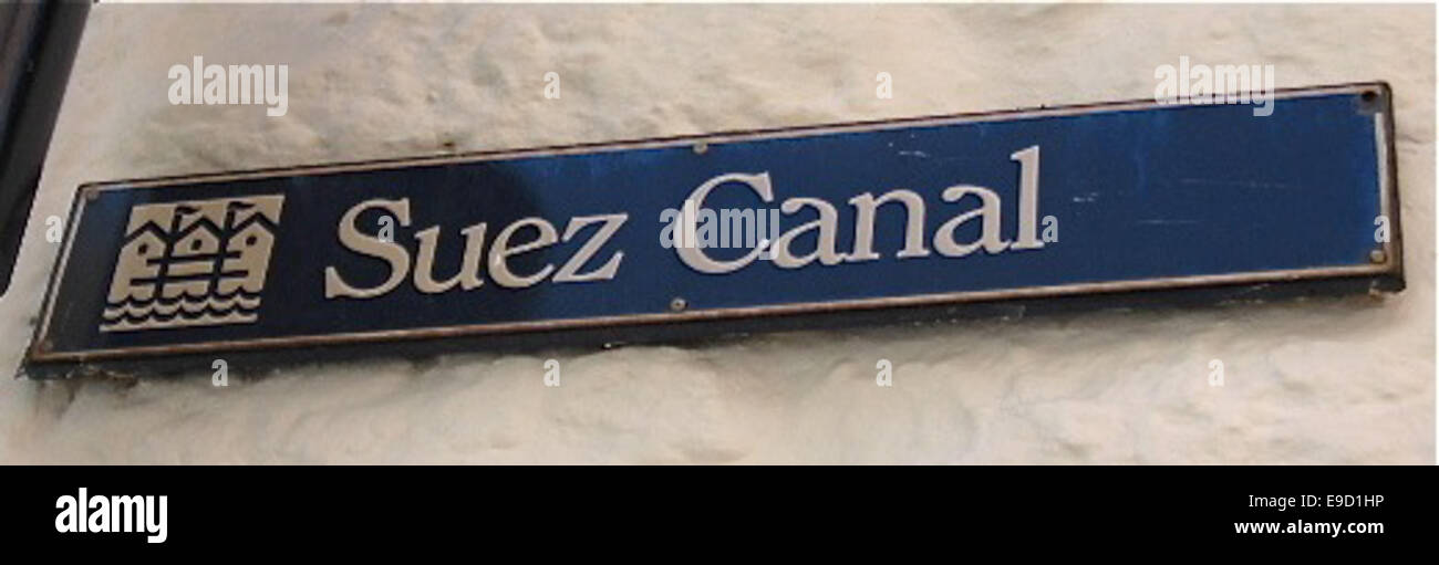 This photograph captures the signage at the entrance of the Suez Canal ...