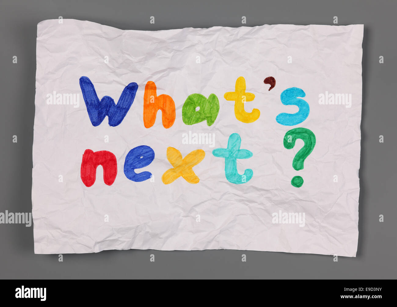 Crumpled paper with phrase "What's next?" on gray background Stock ...