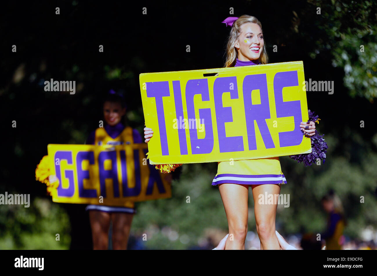 LSU Tigers cheerleaders and band walk up Victory Hill to the LSU Tigers ...