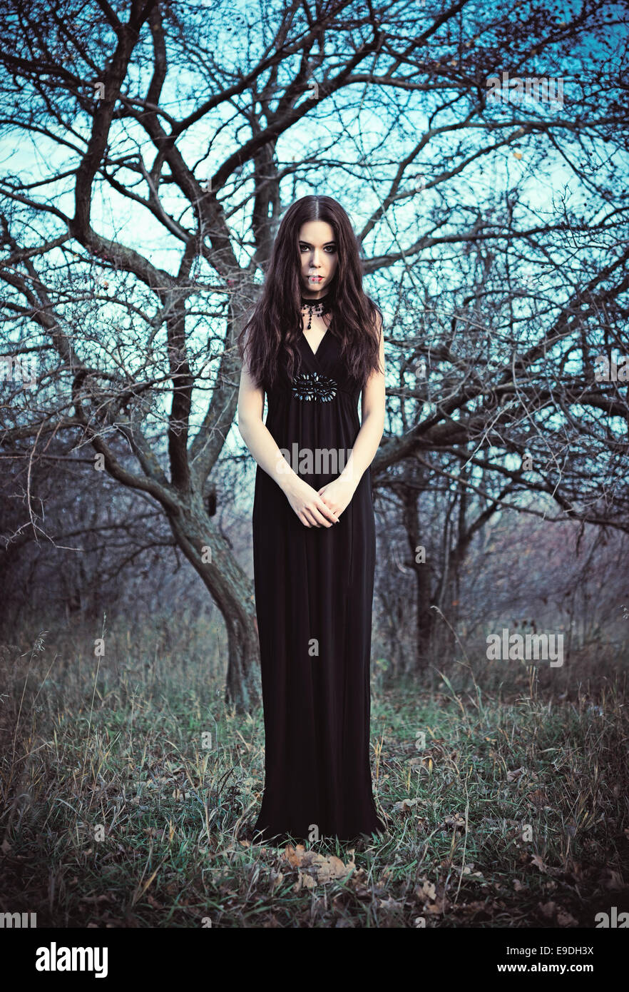 Portrait of a beautiful goth girl amongst the faded trees Stock Photo ...