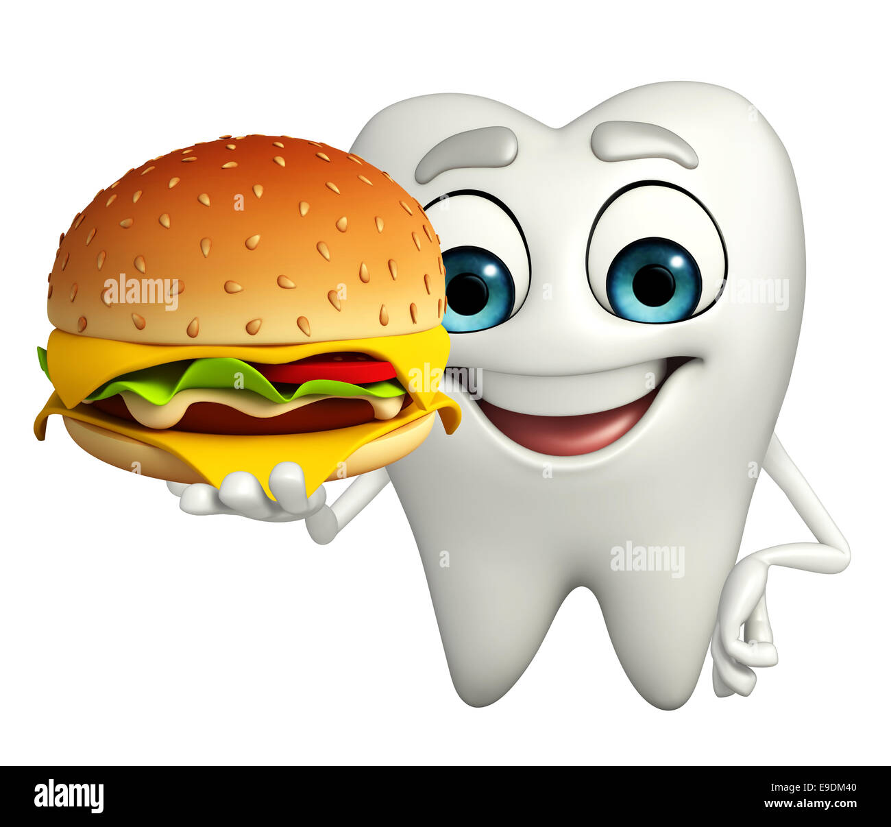 Cartoon character of teeth with burger Stock Photo - Alamy