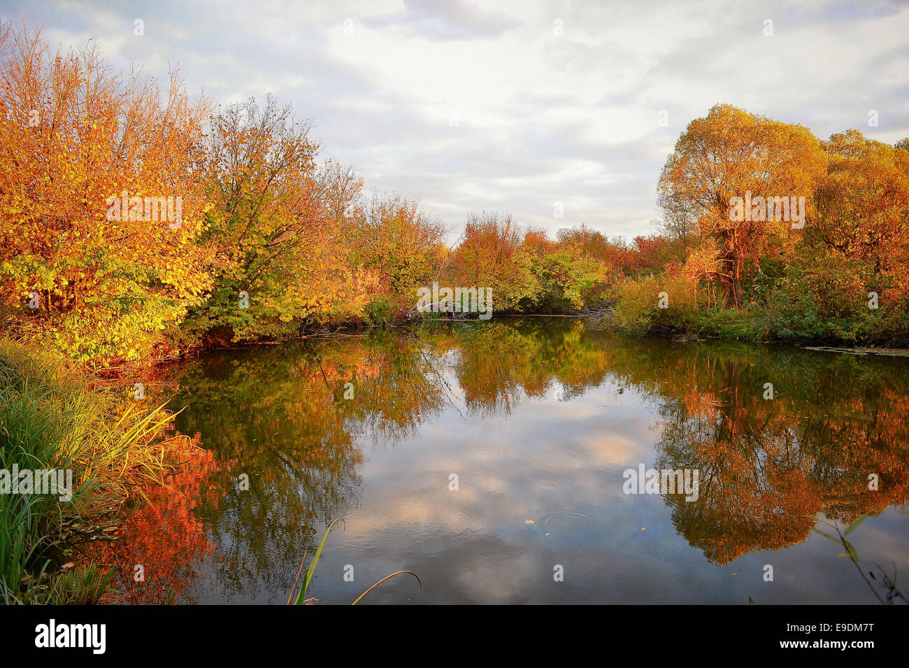 Landscape with colorful autumn trees reflected in the water on the ...