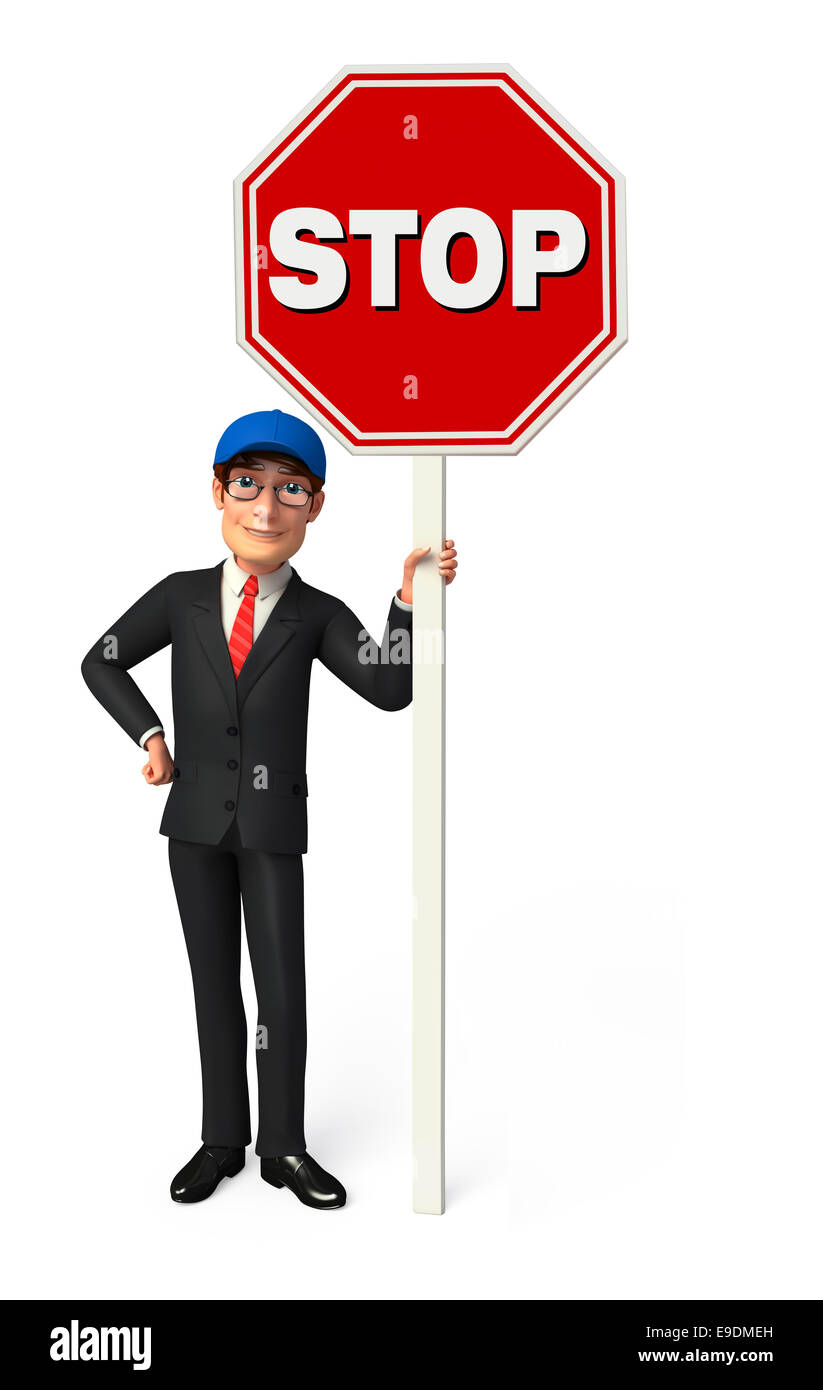 Illustration of Young Business Man with Stop sign Stock Photo - Alamy