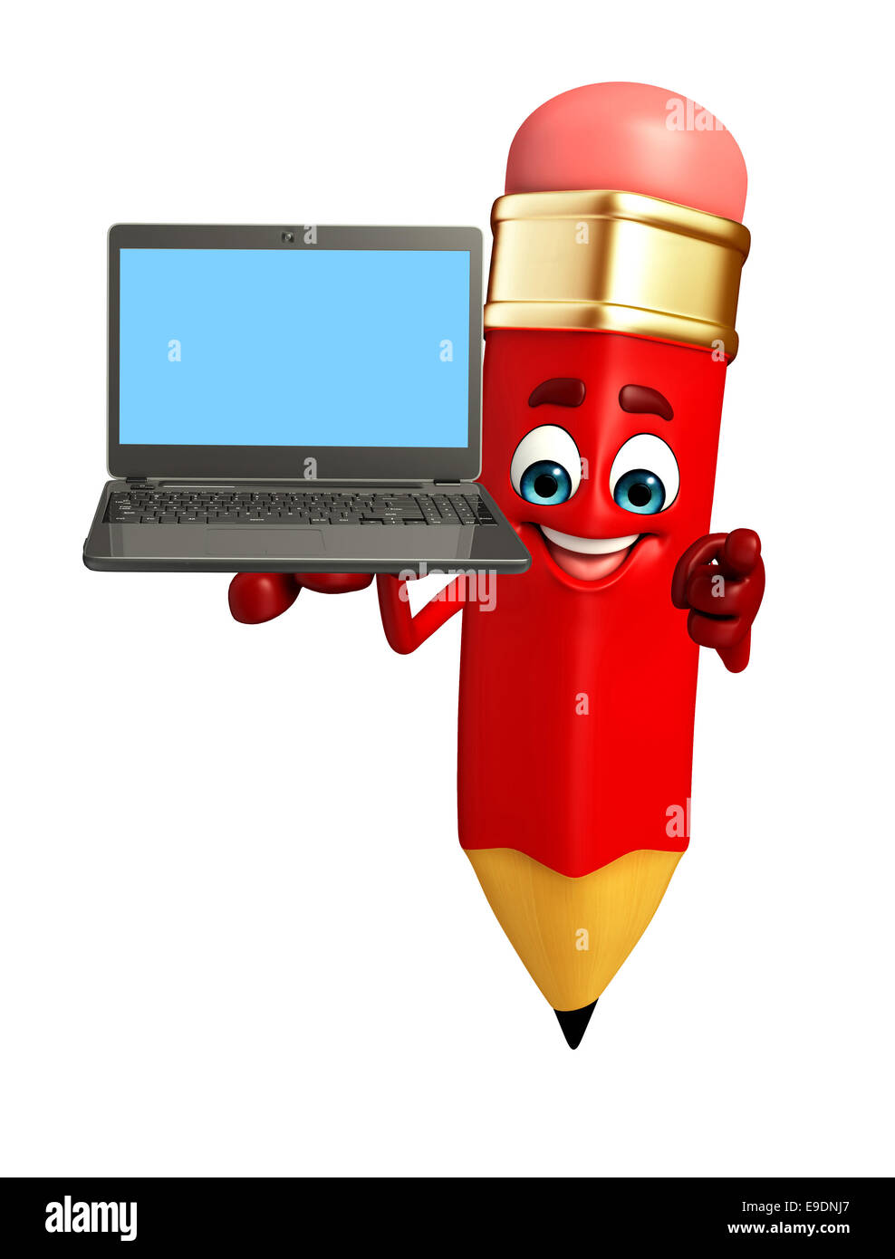 Cartoon Character of pencil with Laptop Stock Photo - Alamy
