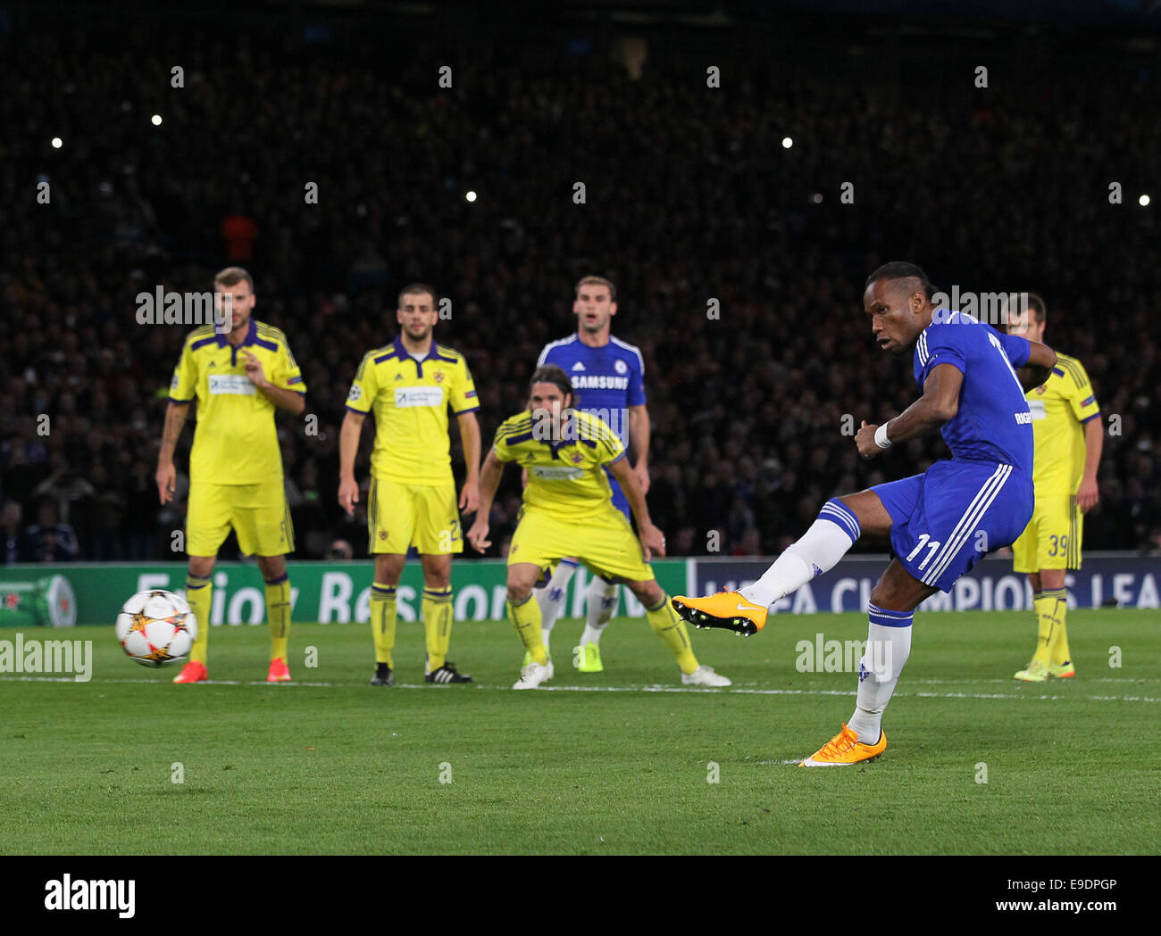 London, UK. 21st Oct, 2014. Chelsea's Didier Drogba scoring his sides ...